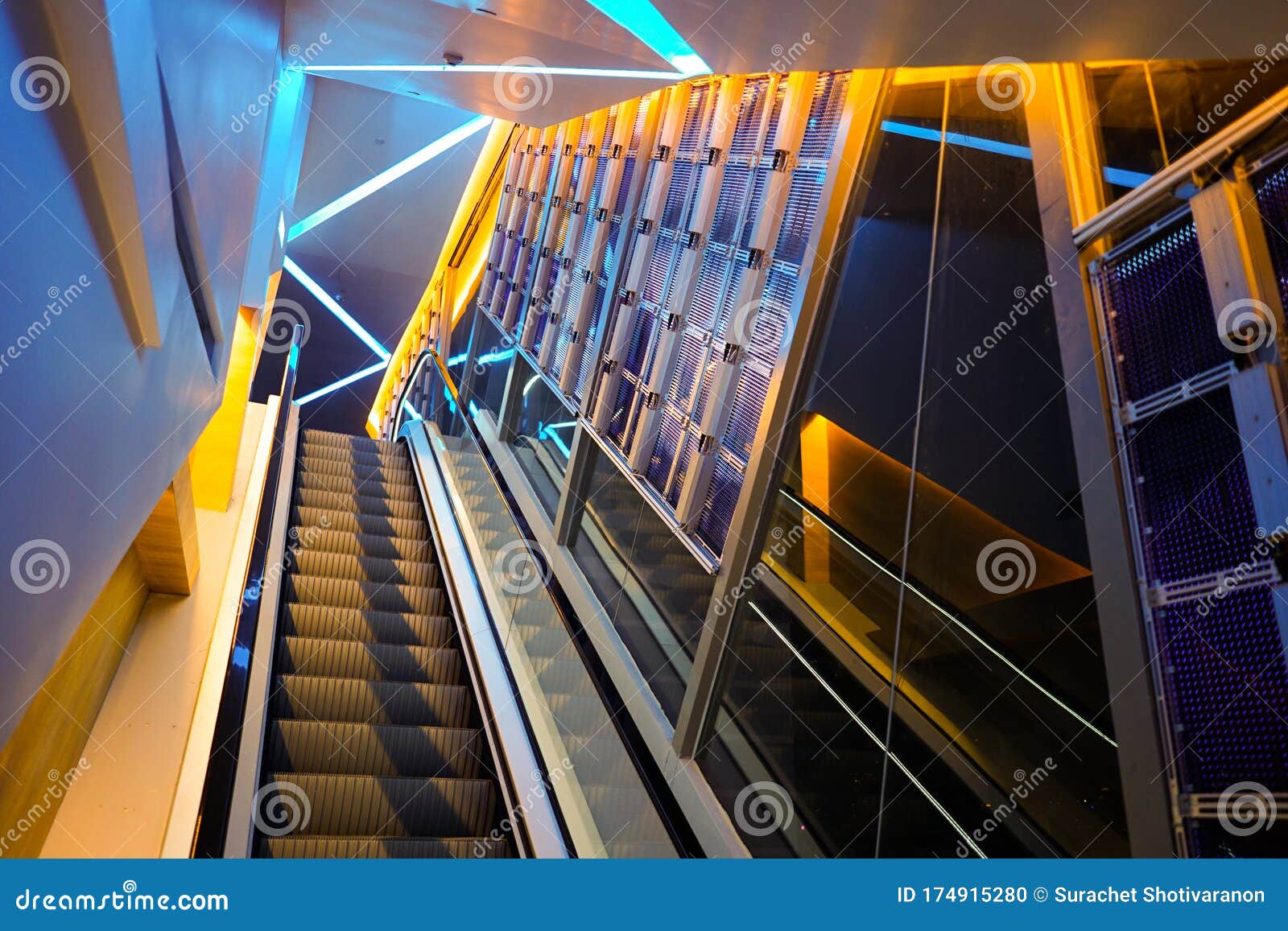 Escalator with LED Light beside in Technology Abstract Neon Colorful ...
