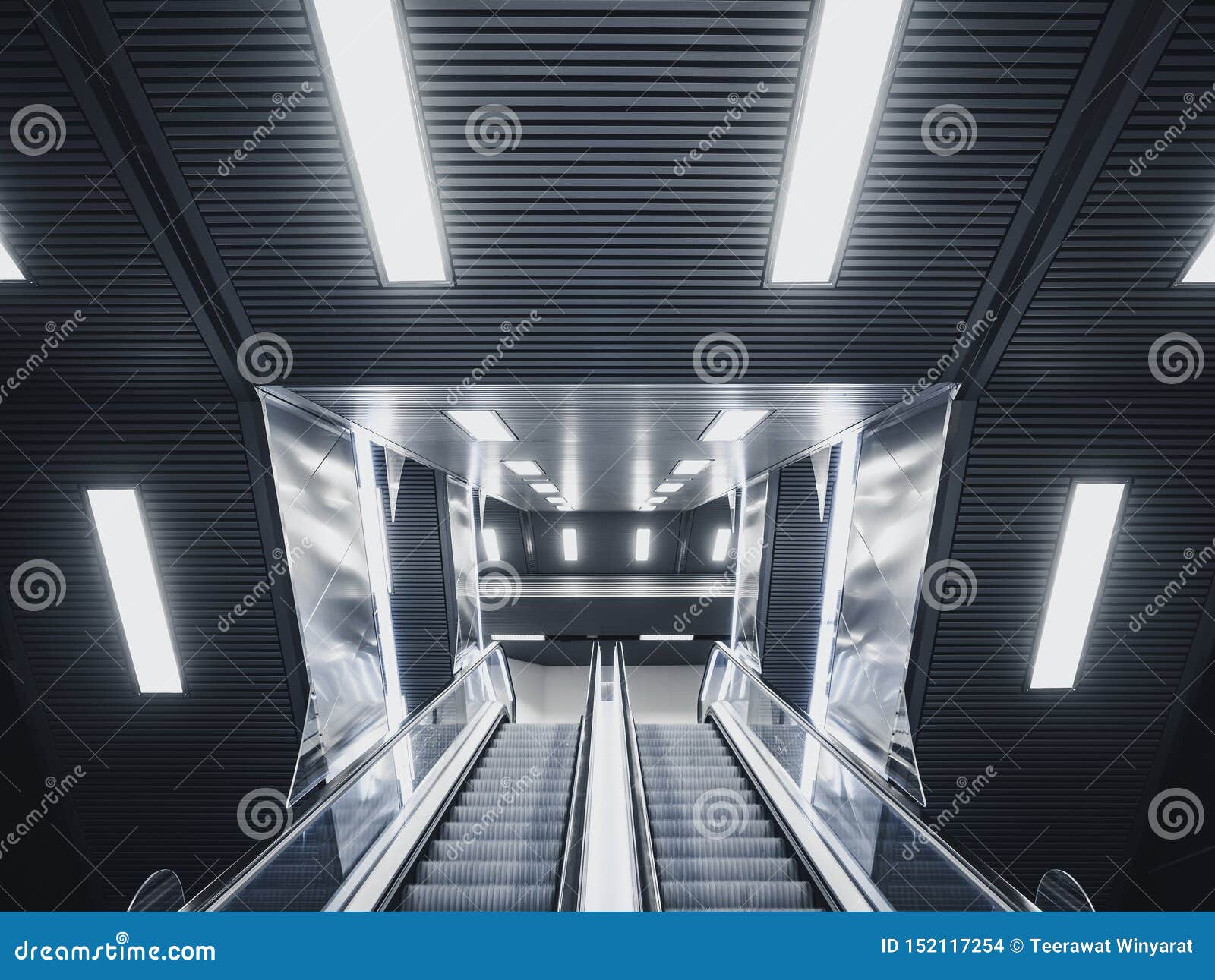 Escalator in Modern Building Neon Light Interior Futuristic Background ...