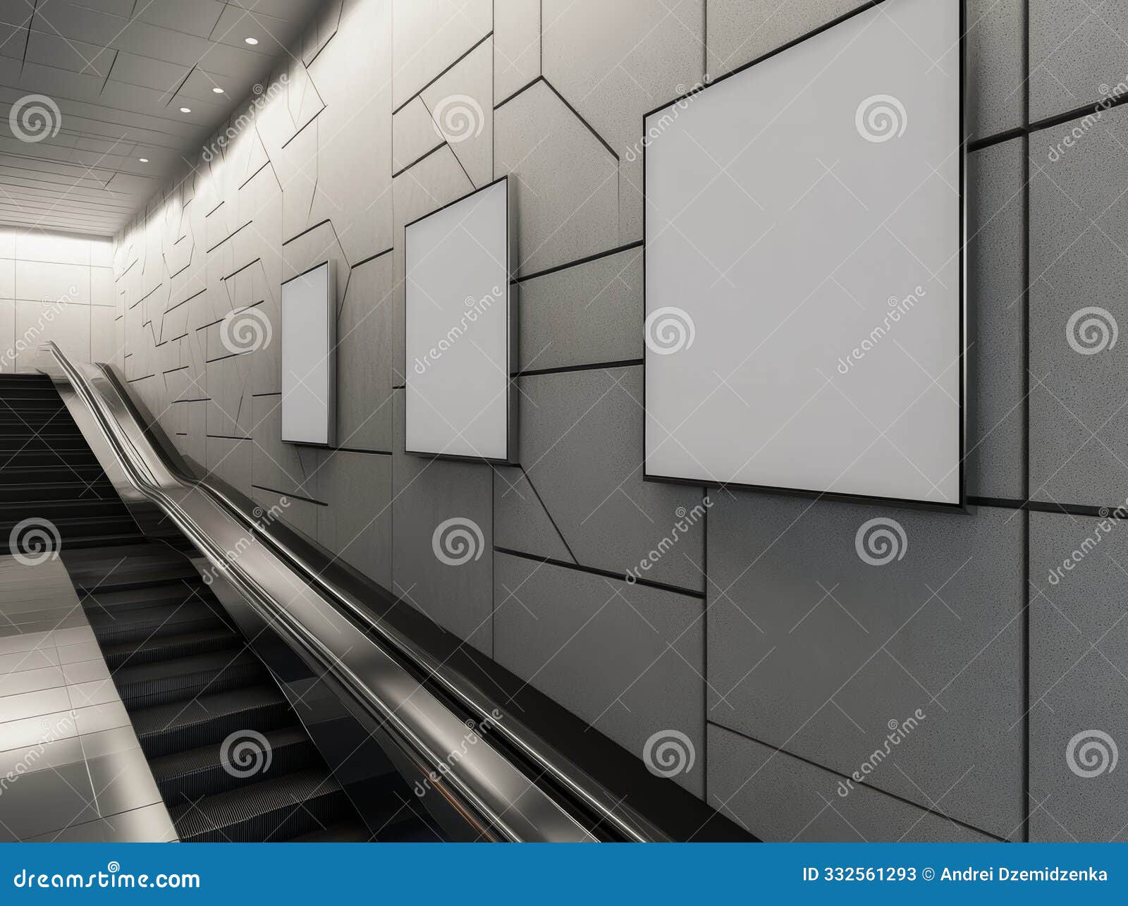 An Escalator with a Wall Background and Three Blank Light Boxes on ...