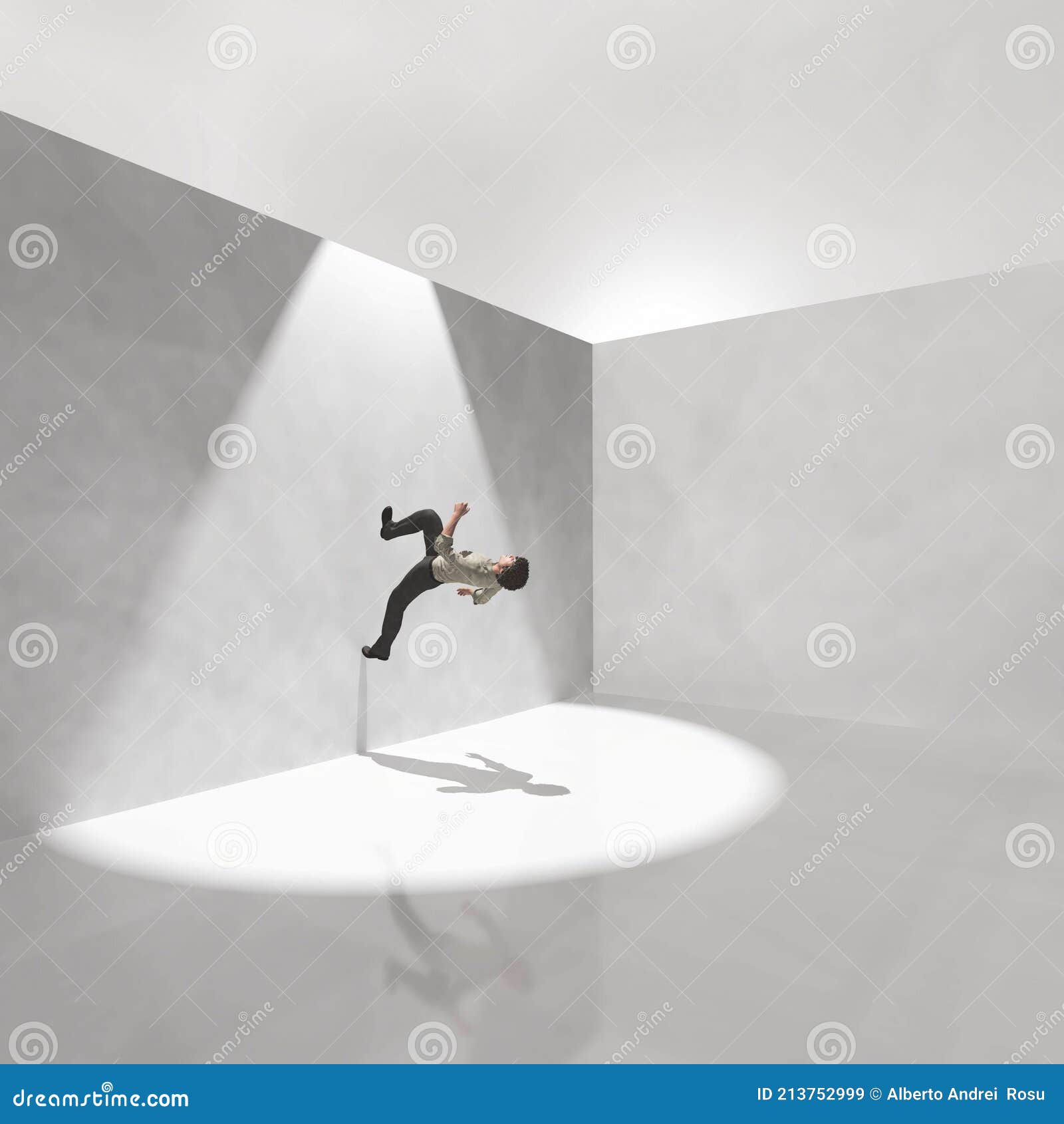 Escape. Man Walks on a Wall To Escape from White Room . Stock ...