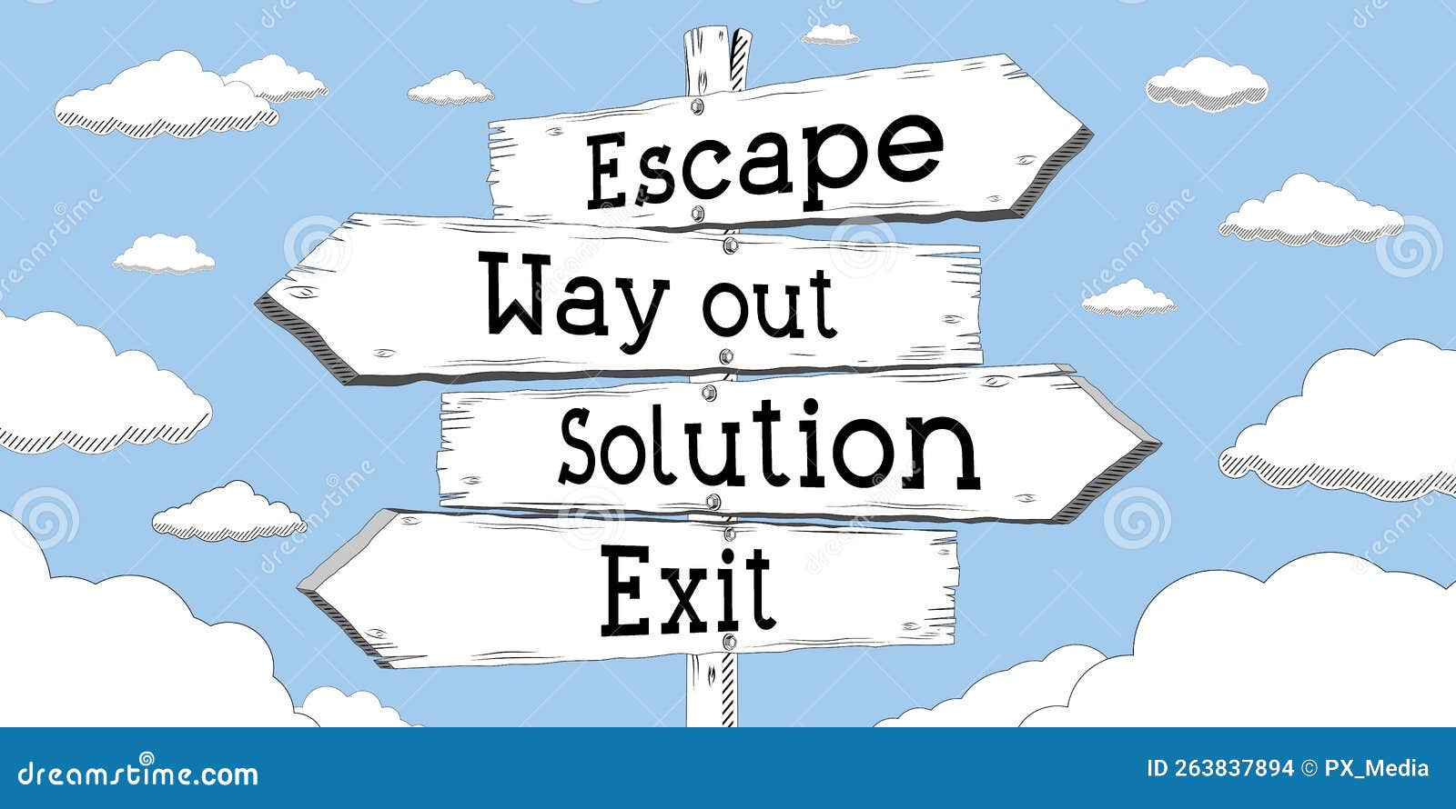 Escape, Way Out, Solution, Exit - Outline Signpost with Four Arrows ...