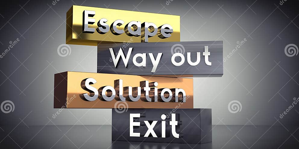 Escape, Way Out, Solution, Exit - Words on Metal Blocks Stock ...
