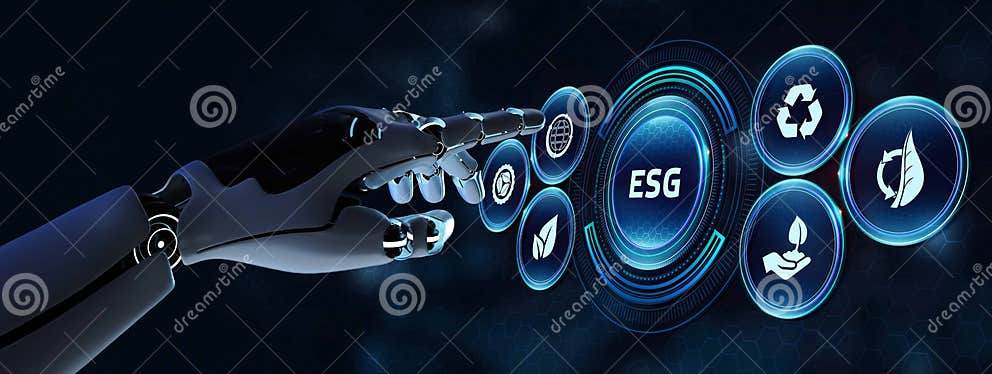 ESG Environmental Social Governance Concept. Robot Pressing Button on ...