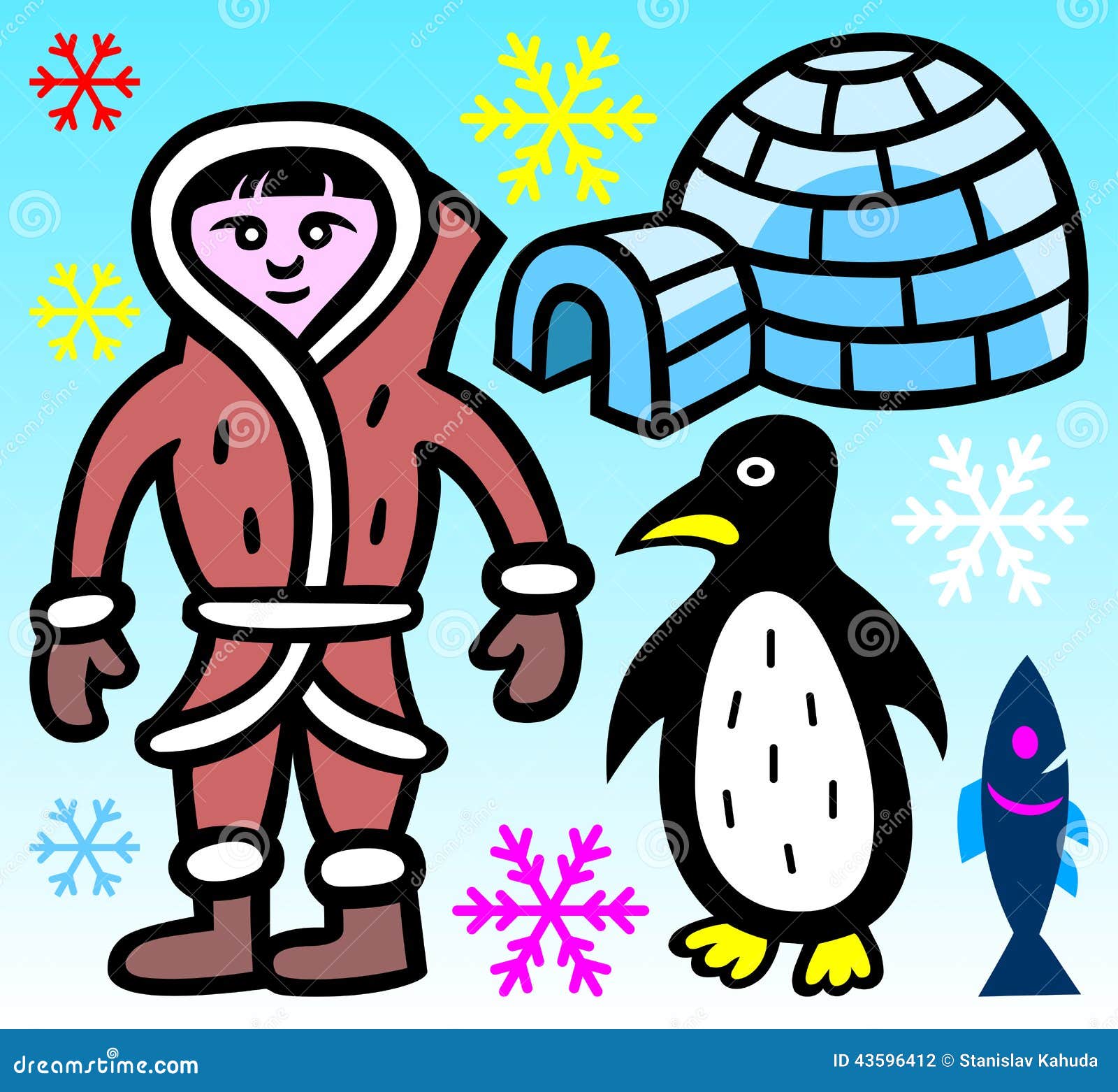Eskimo, Igloo, Penguin, Fish and Snowflakes - Illustration. Stock ...