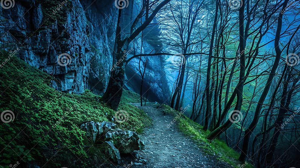 Esolate Cliffside Path through a Mysterious Forest at Night. Generative ...