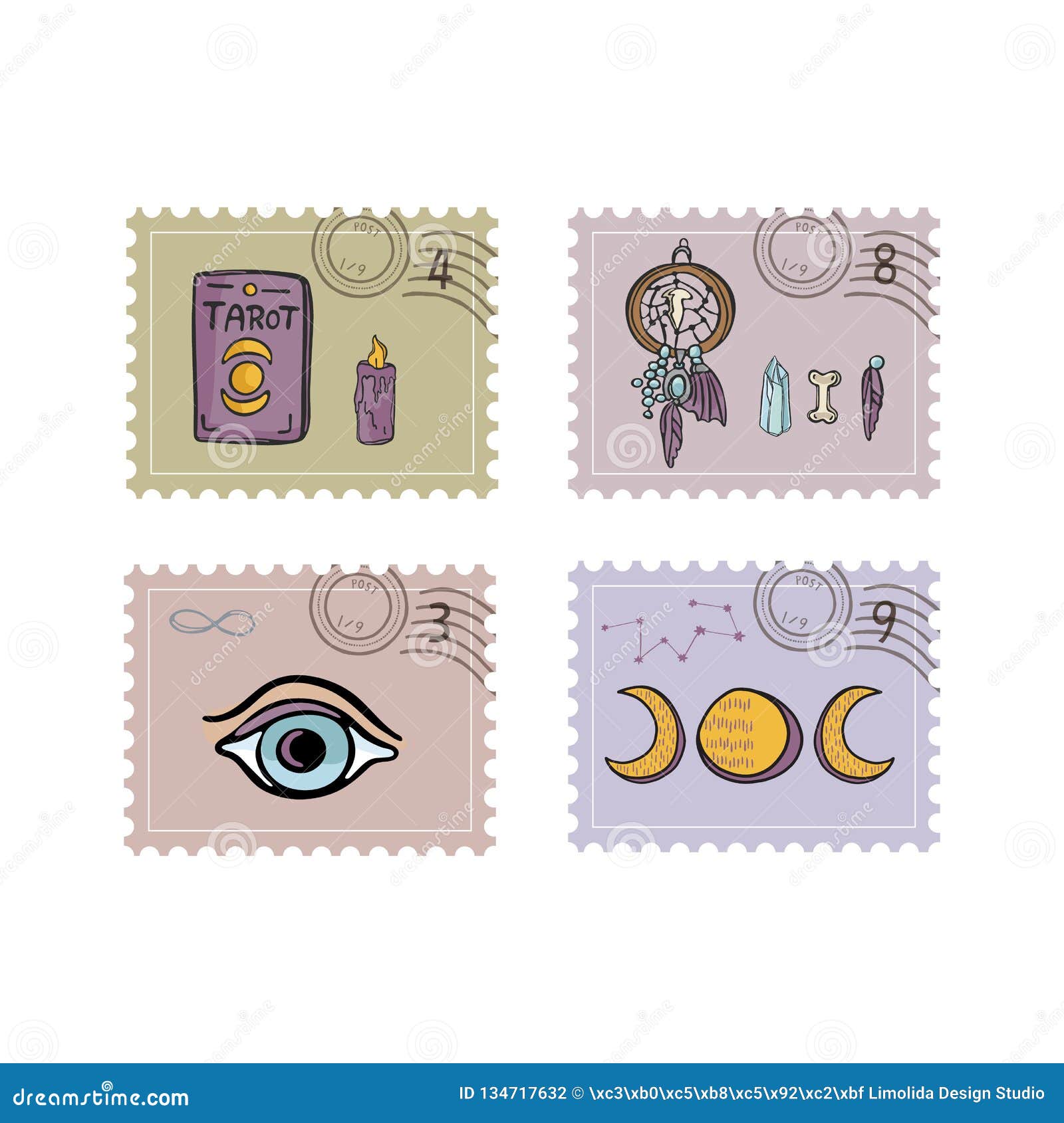 Esoteric Magic Postage Stamps. Hand Drawn Vector Illustration Icon Set ...