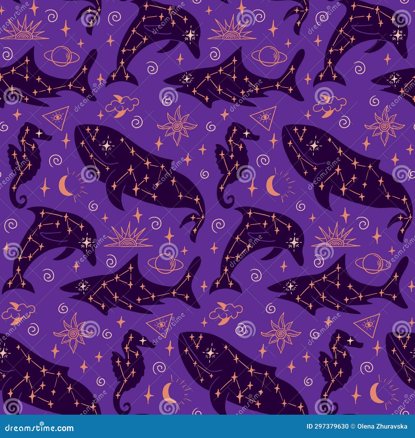 Esoteric Mystical Flat Seamless Pattern with Whale Stock Photo - Image ...