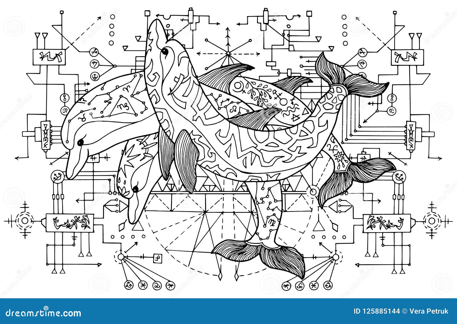 Three Dolphins Against Background with Sacred Geometry Symbols Stock ...