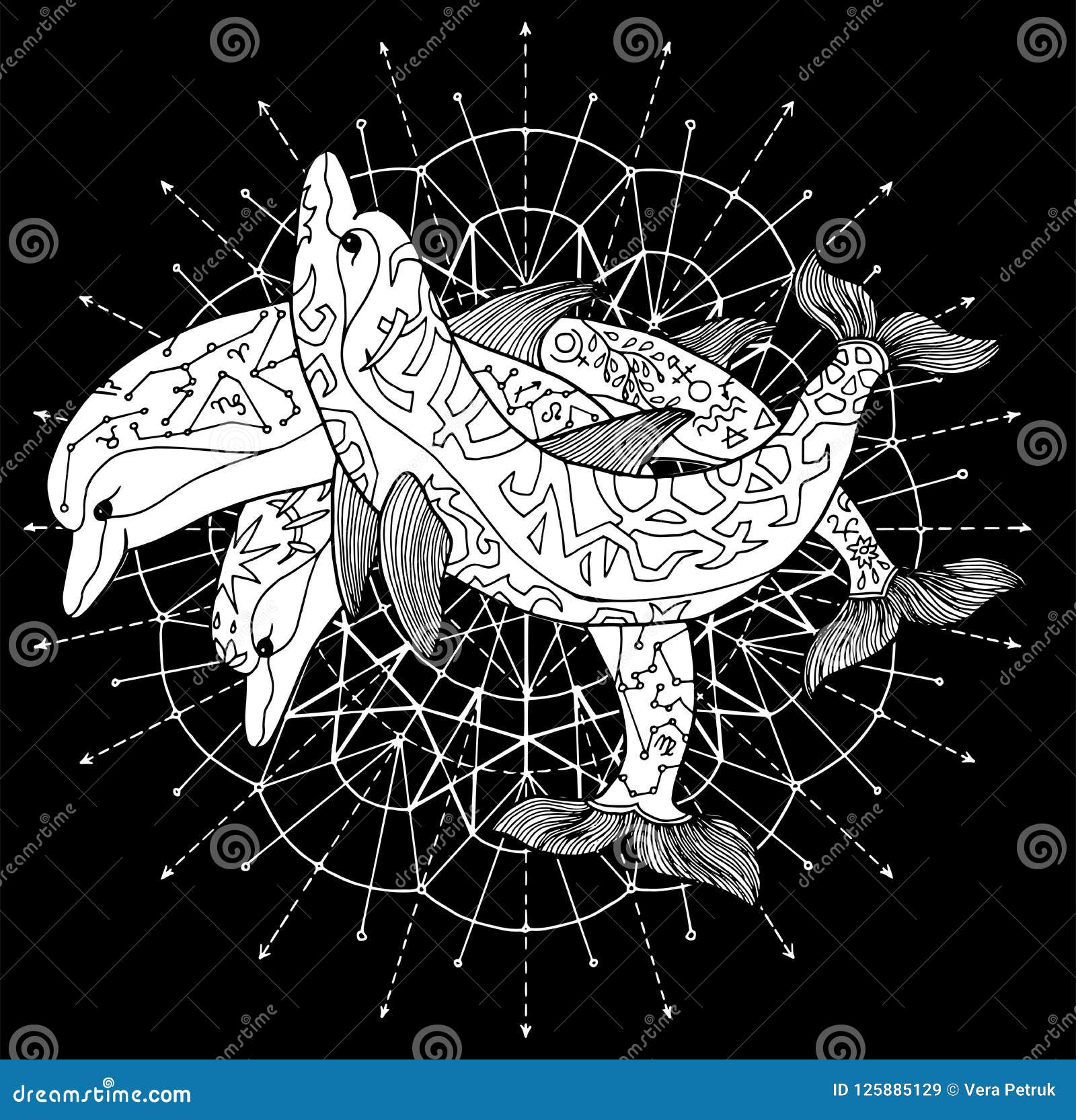 Three Dolphins Against White Circle on Black Background Stock Vector ...