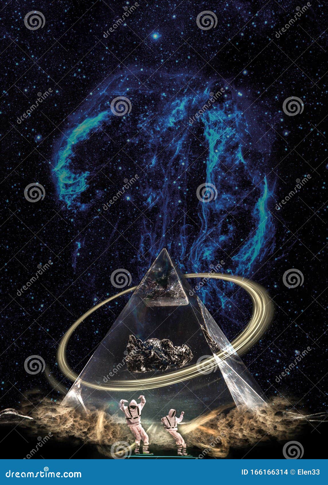 Esoteric Pyramid in Clouds Under the Starry Galaxy with Ring and Two ...
