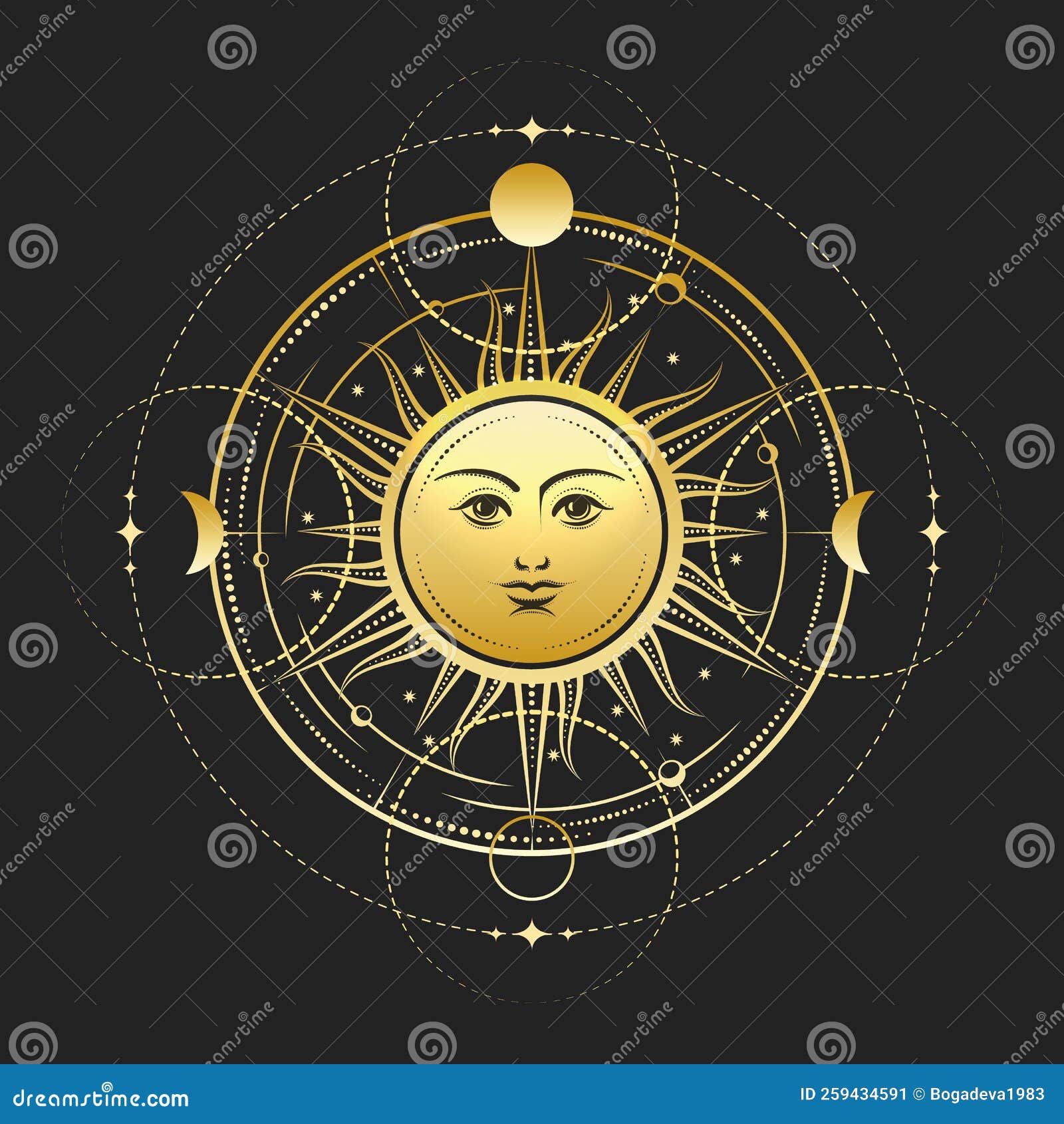 Esoteric Symbol of Sun with Phases of Moon and Stars Illustration ...
