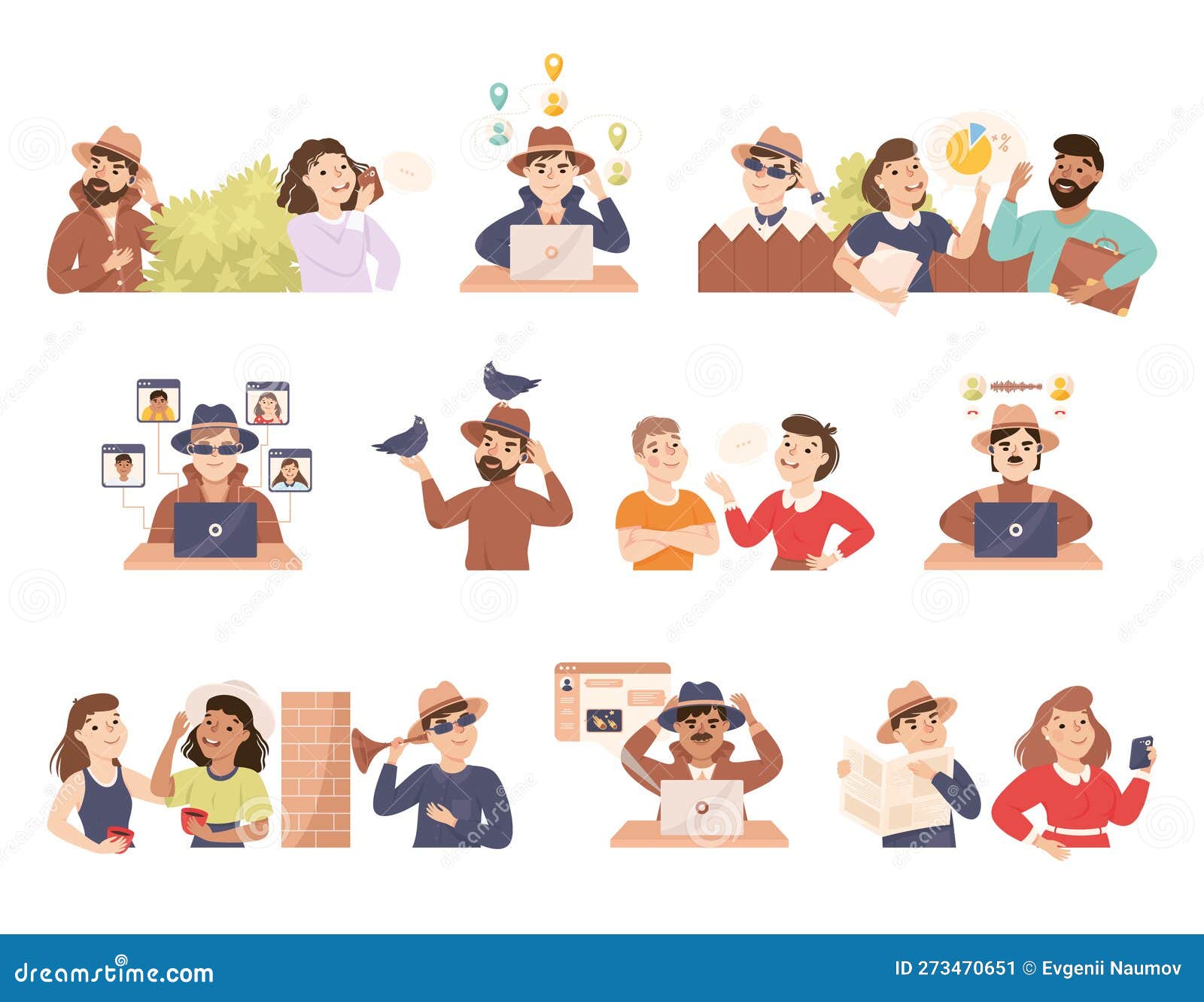 Espionage With Man Private Detective Working At Laptop Tracing Criminal Vector Illustration