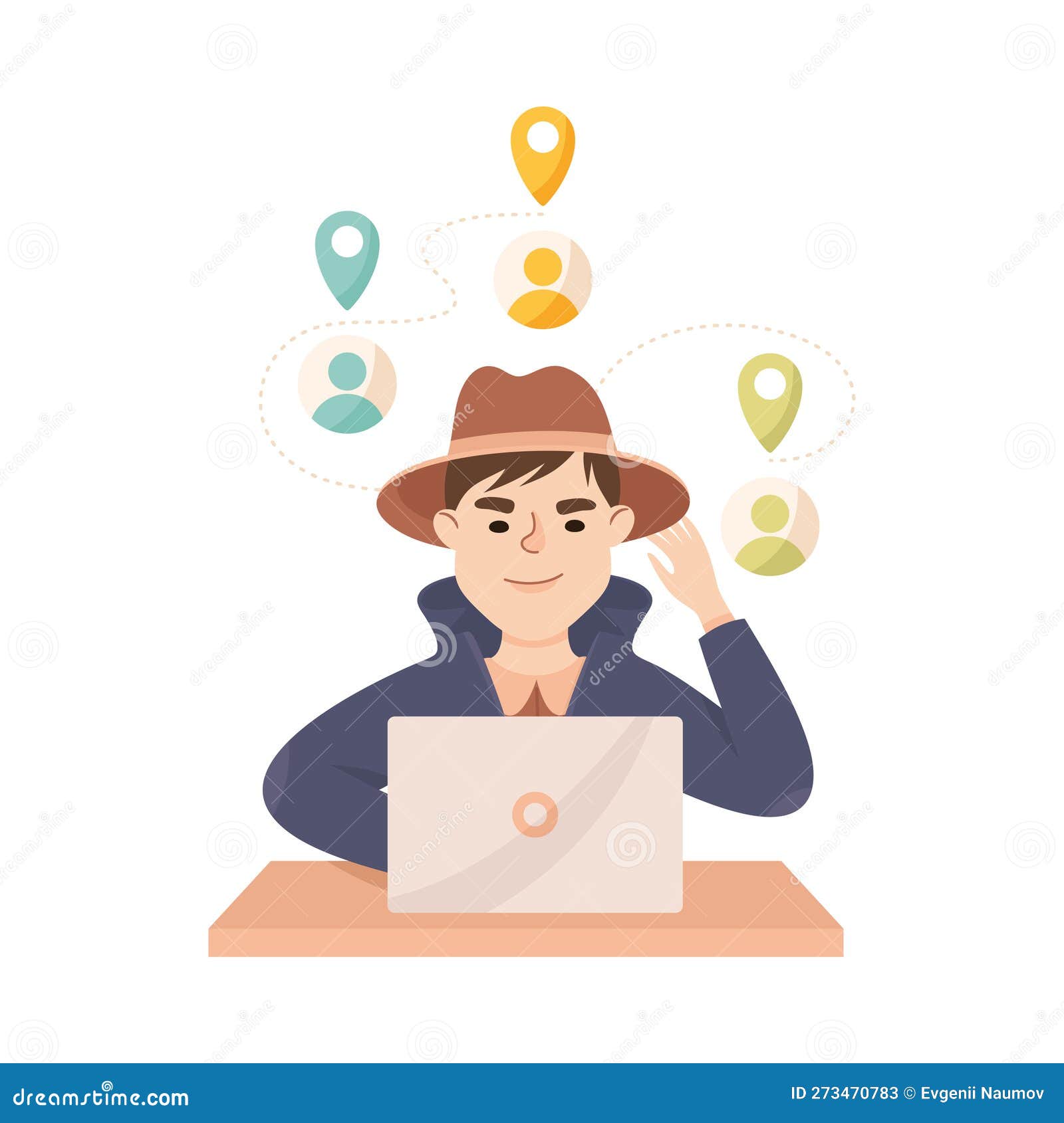 Espionage With Man Private Detective Working At Laptop Tracing Criminal Vector Illustration