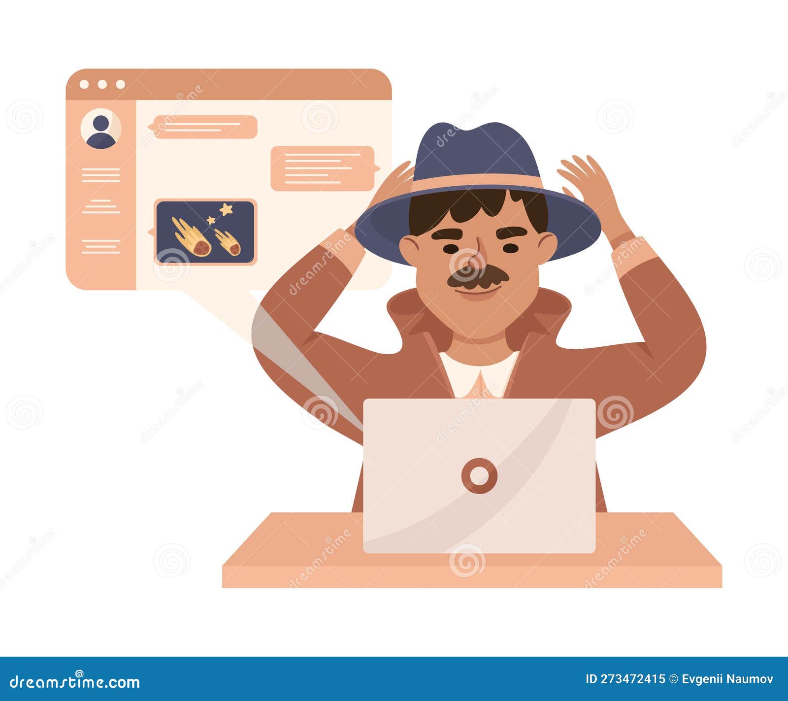 Espionage With Mustached Man Private Detective Working At Laptop Chatting Vector Illustration
