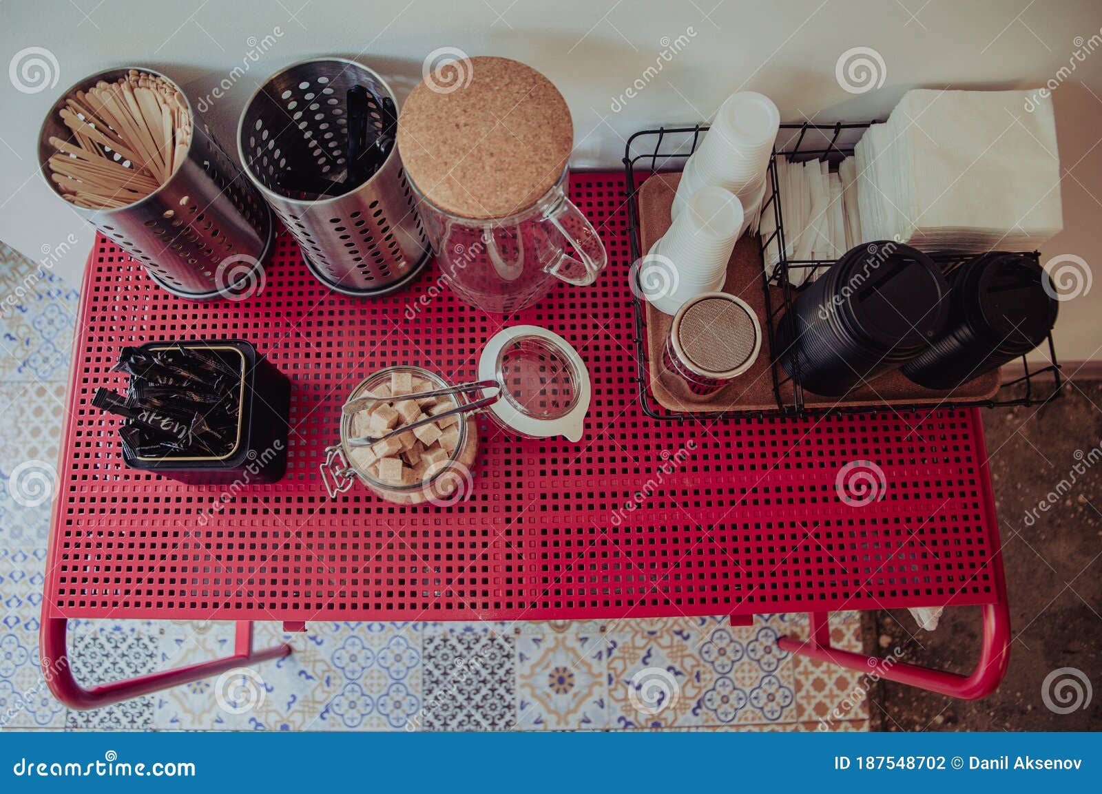Espresso Bar Equipment on Red Table, Top View Stock Photo - Image of ...