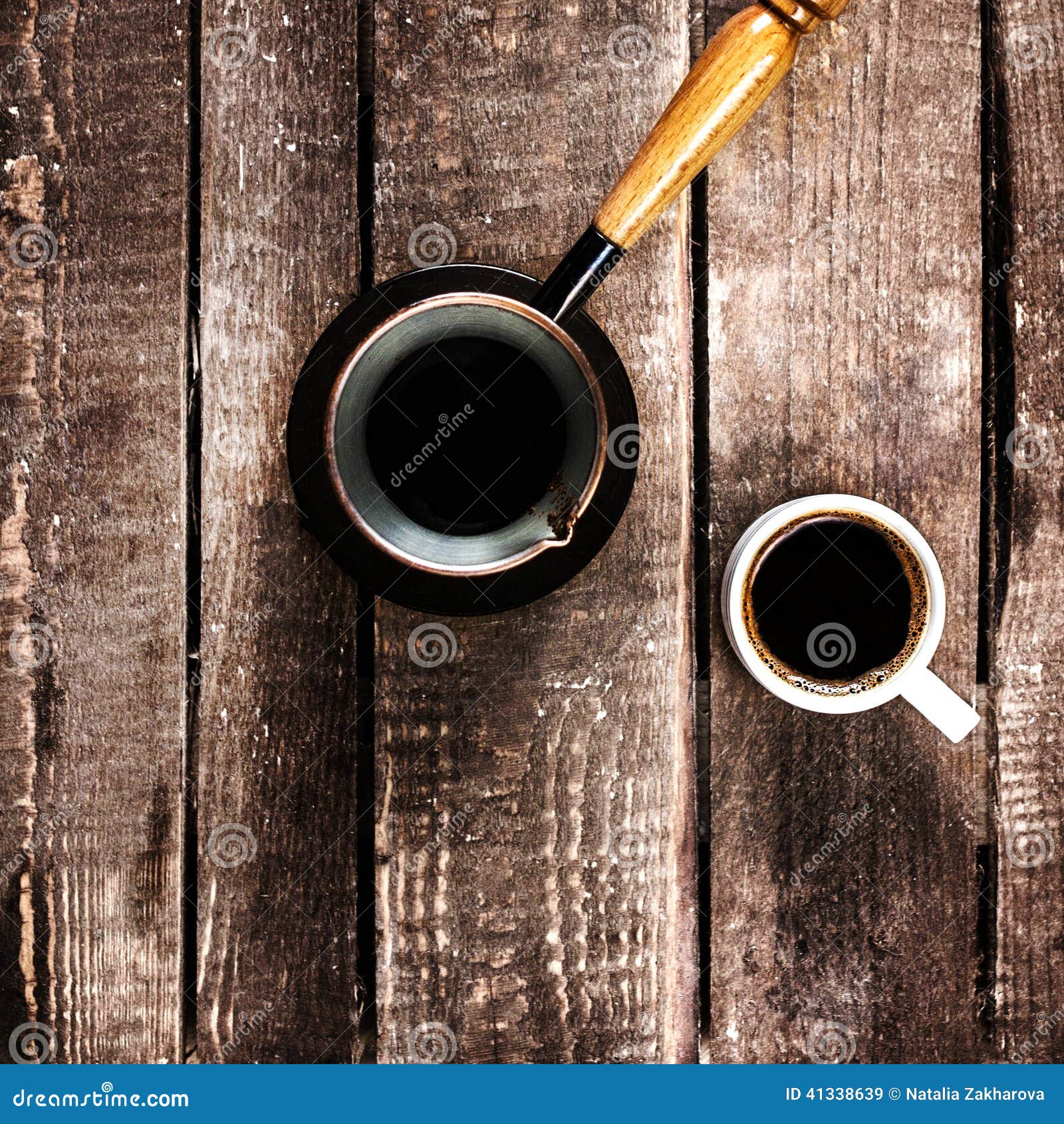 Espresso Coffee Cup and Coffee Pot Over Wood Table Top View. Stock ...