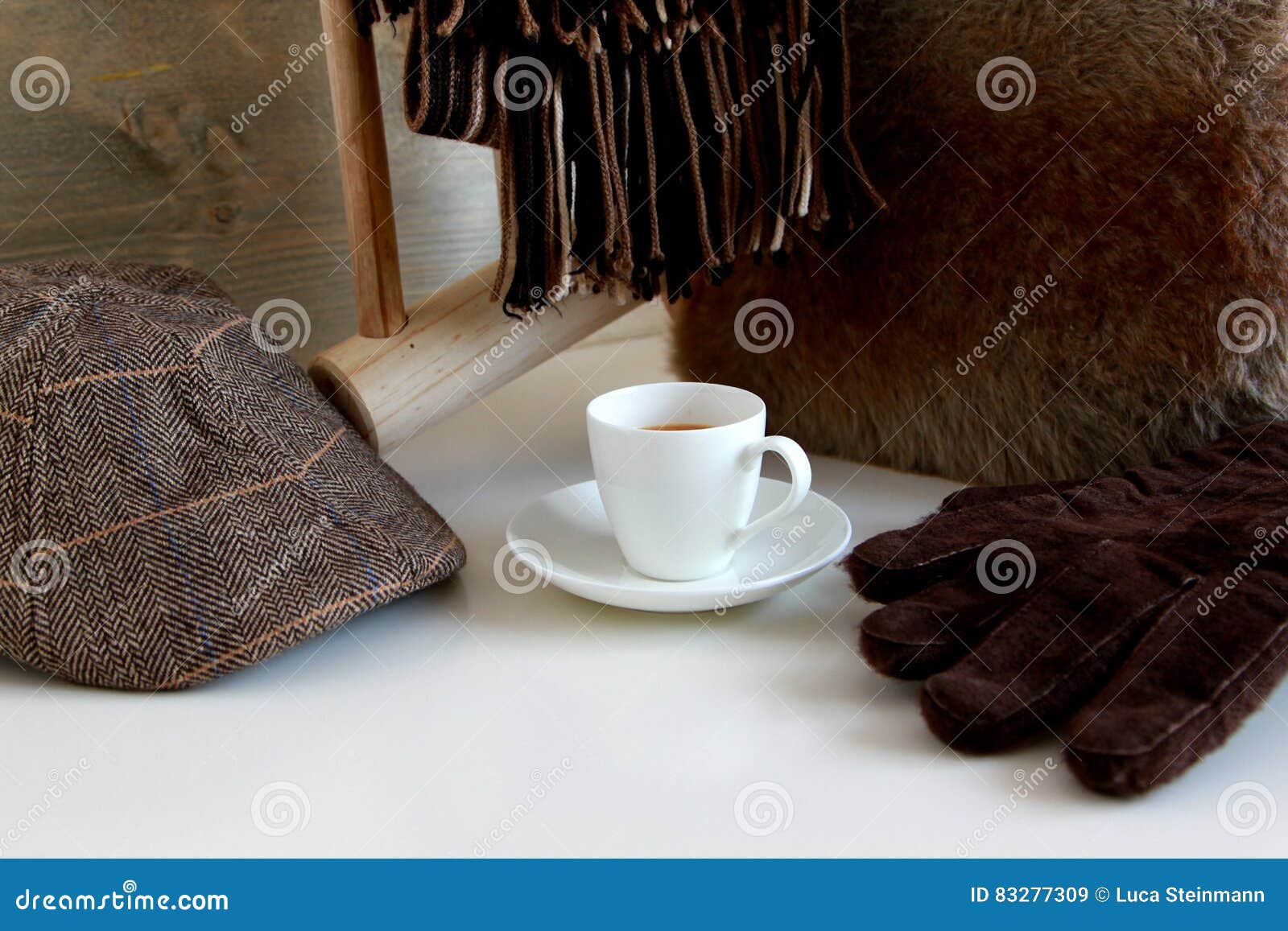 Espresso Coffee with Hat, Gloves and Scarf on White Table Stock Image ...