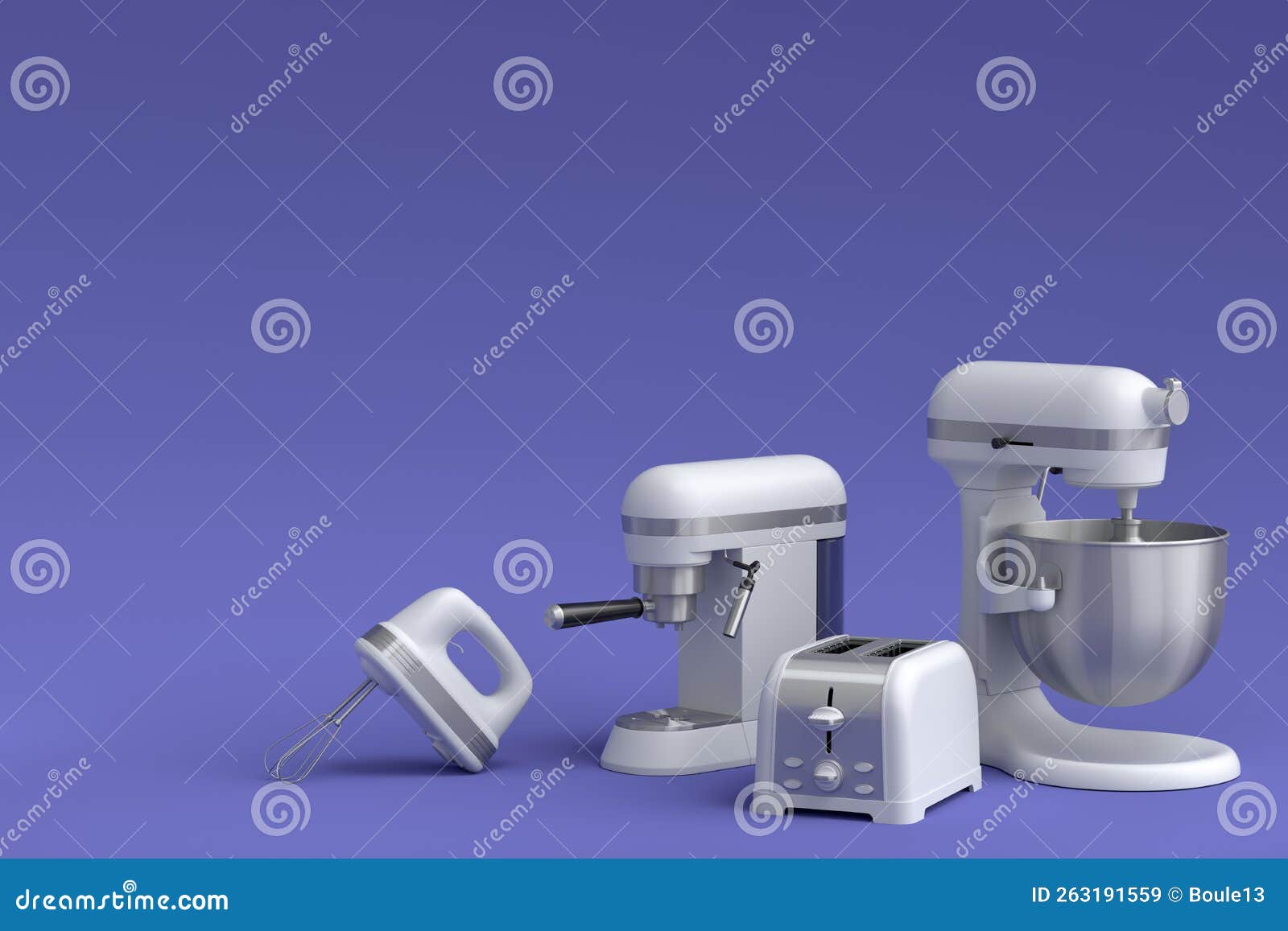 Espresso Coffee Machine, Hand Mixer, Kettle and Toaster on Violet ...