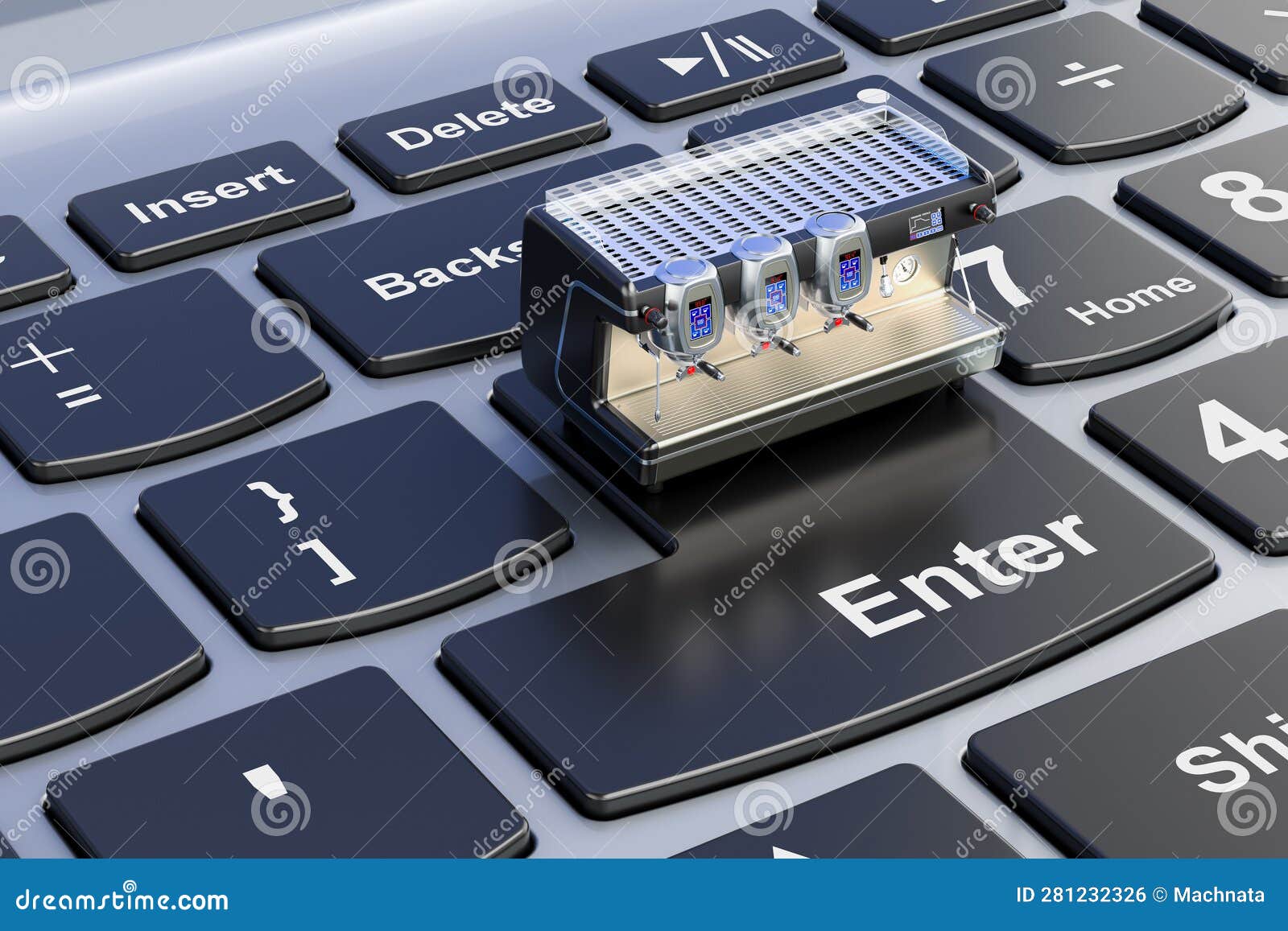 Espresso Coffee Machine Professional on Laptop Keyboard. 3D Rendering ...
