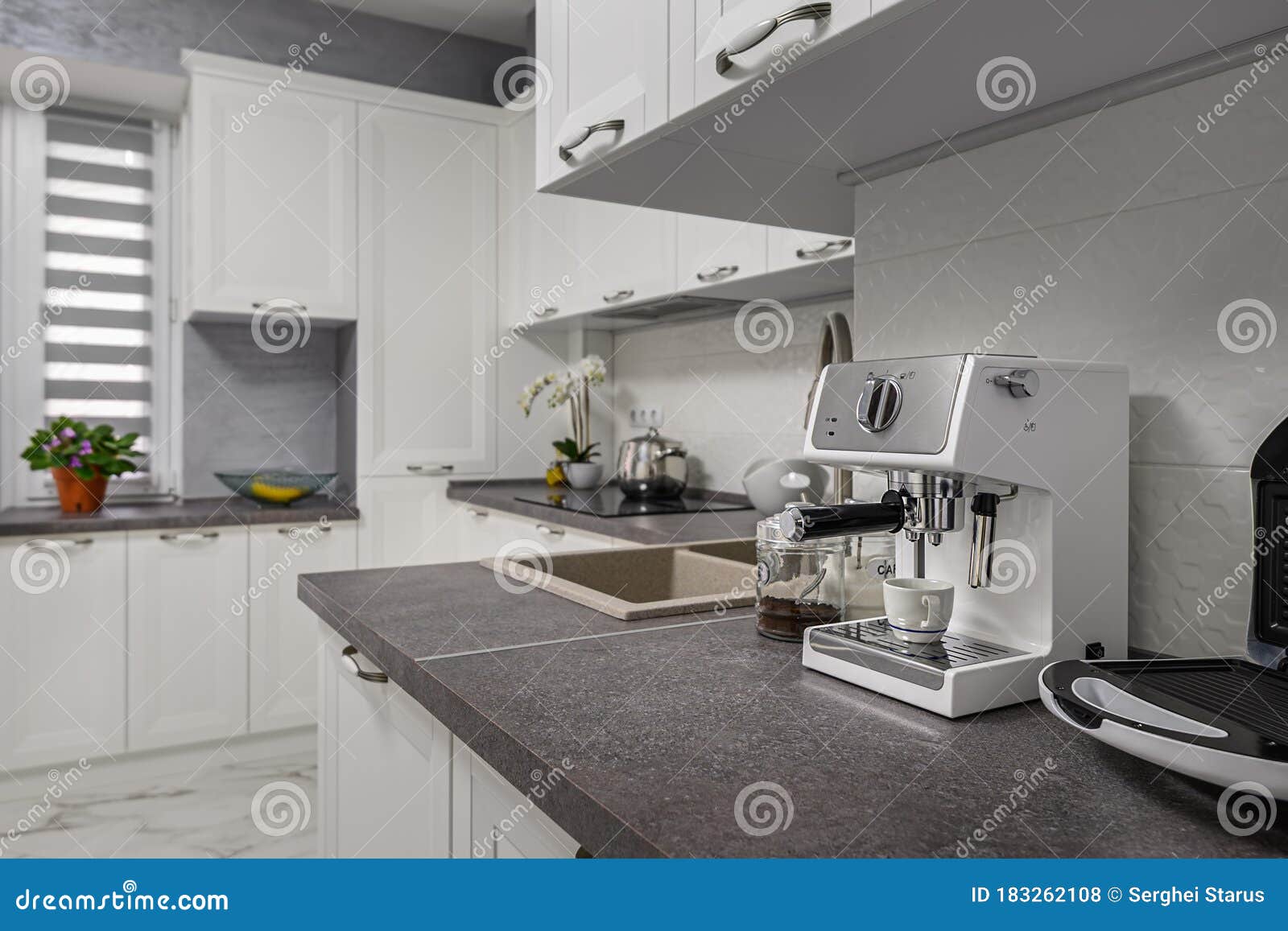 Espresso Coffee Maker in Minimalistic White Kitchen Interior Stock ...