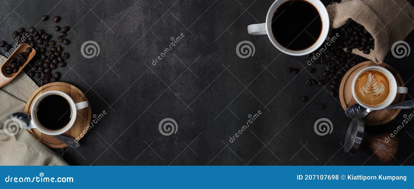 Espresso Coffee with Props for Making Coffee Grey Background. Top View ...