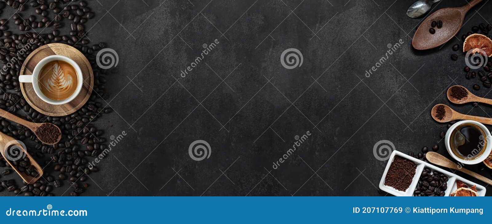 Espresso Coffee with Props for Making Coffee Grey Background. Top View ...