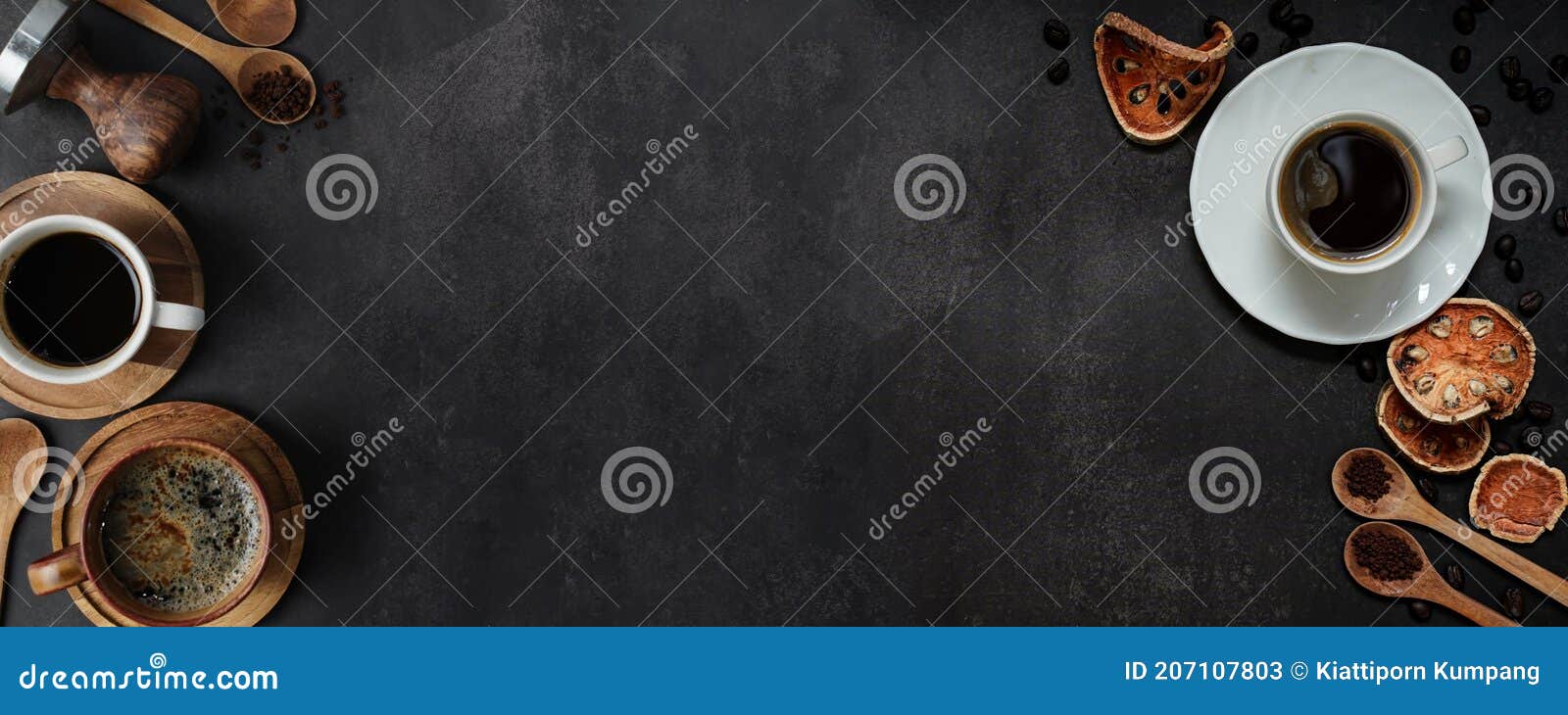 Espresso Coffee with Props for Making Coffee Grey Background. Top View ...