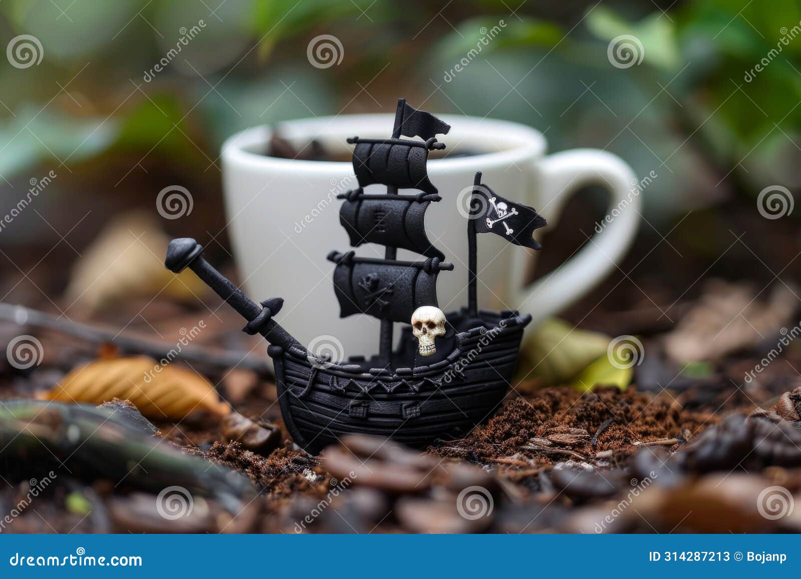 Espresso Cup with Black Coffee Pirate Ship Close Up Stock Illustration ...