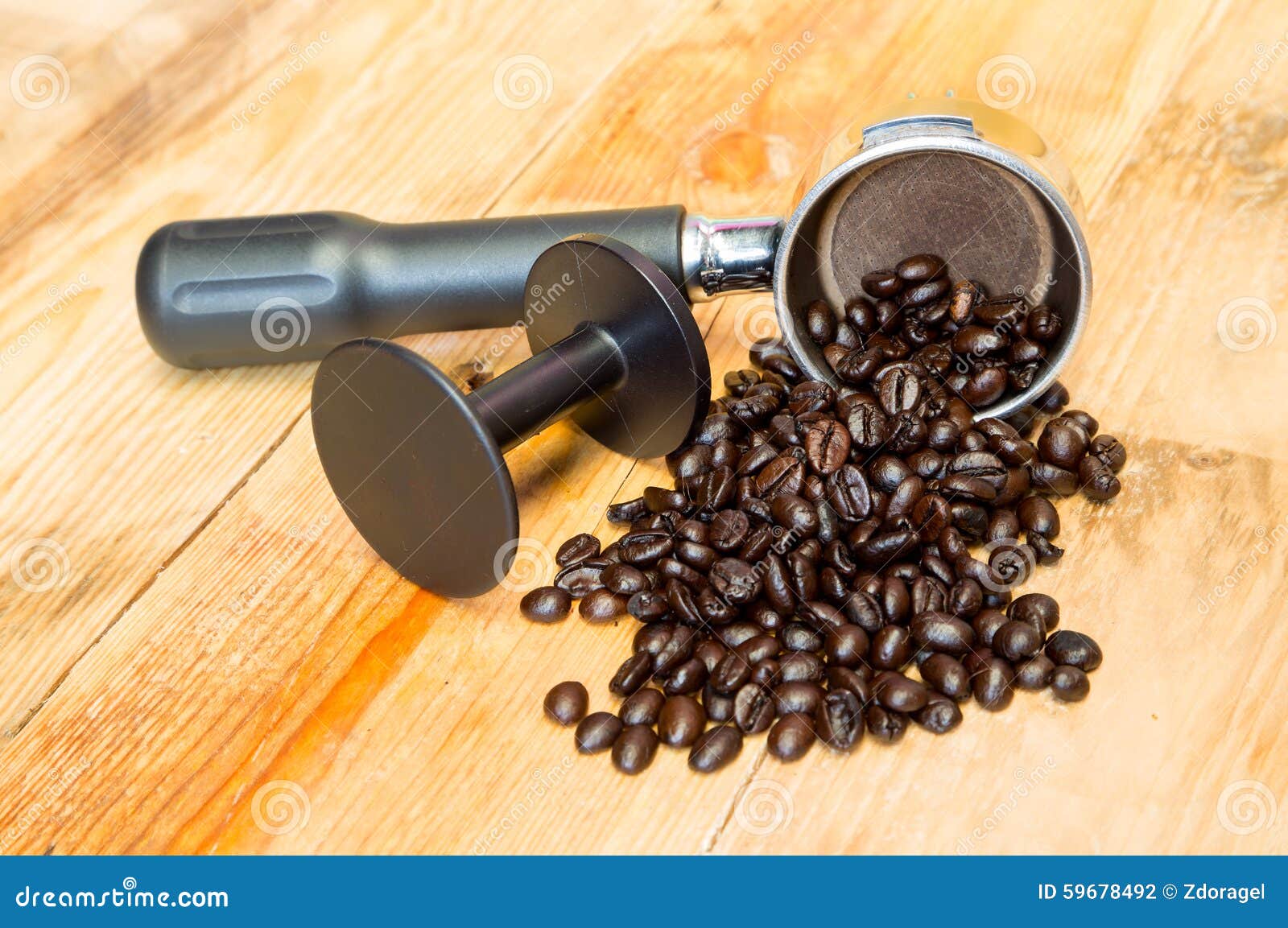 An Espresso Machine Group Head and Coffee Beans with Tampe. Stock Photo ...