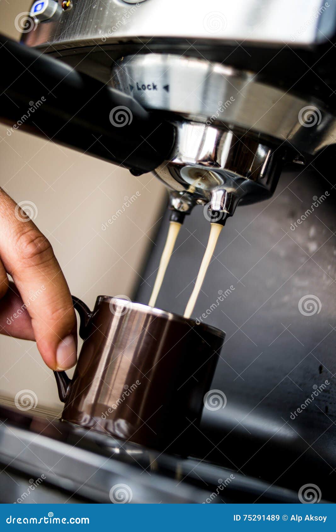 Espresso Machine Making Coffee and Pouring in a Brown Cup Stock Image ...