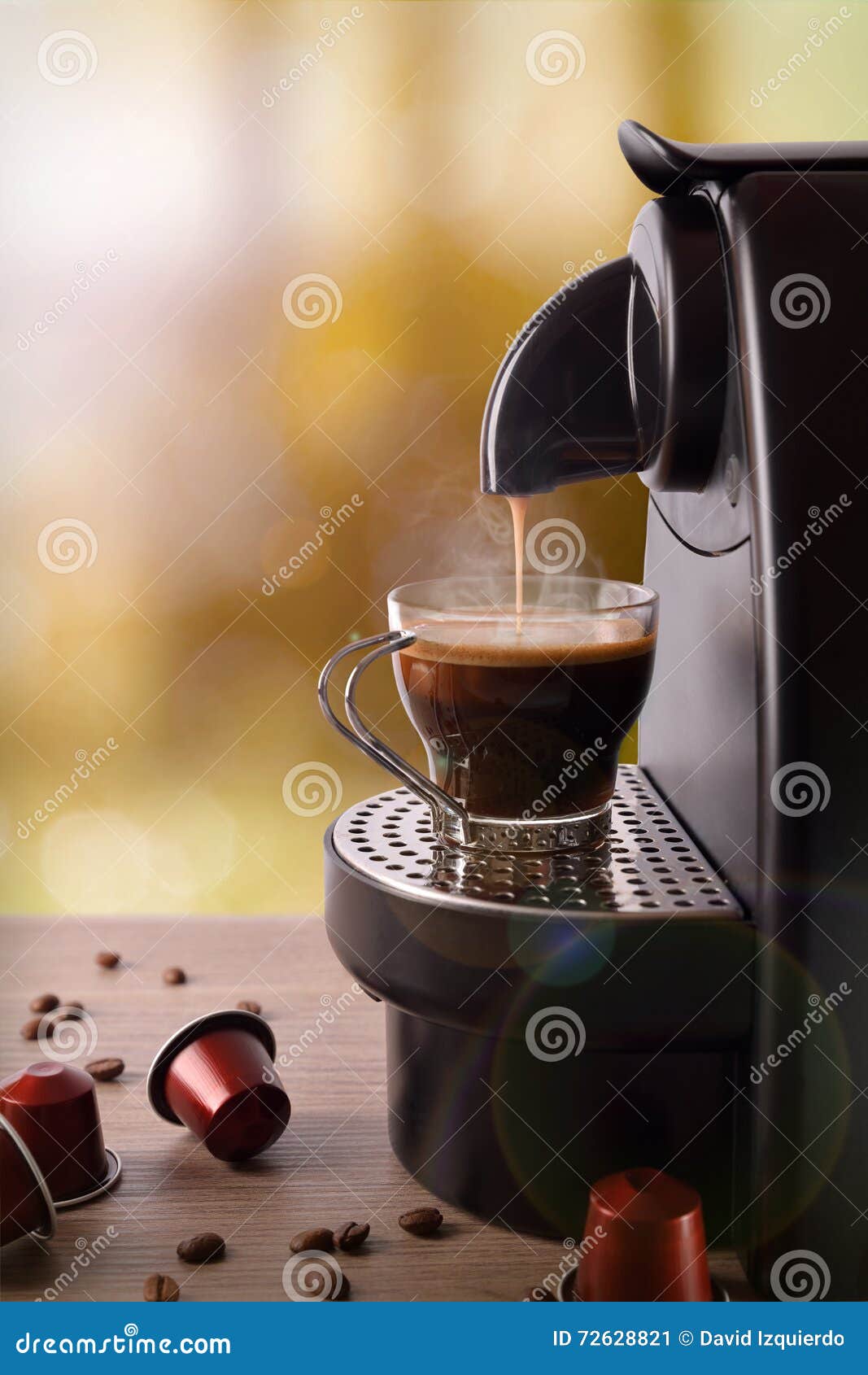 Espresso Machine Making Coffee on Wood Table Vertical Composition Stock ...
