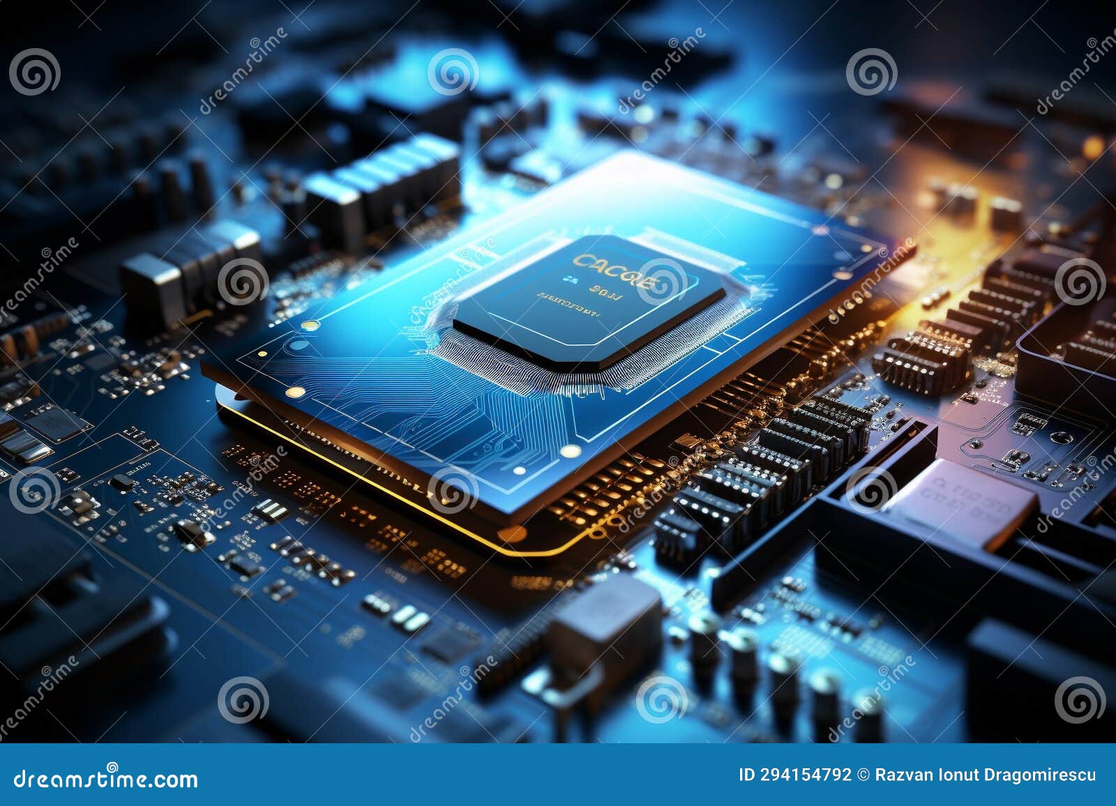 Highly Advanced Microchip Processor With A Series Of Blue And Purple ...