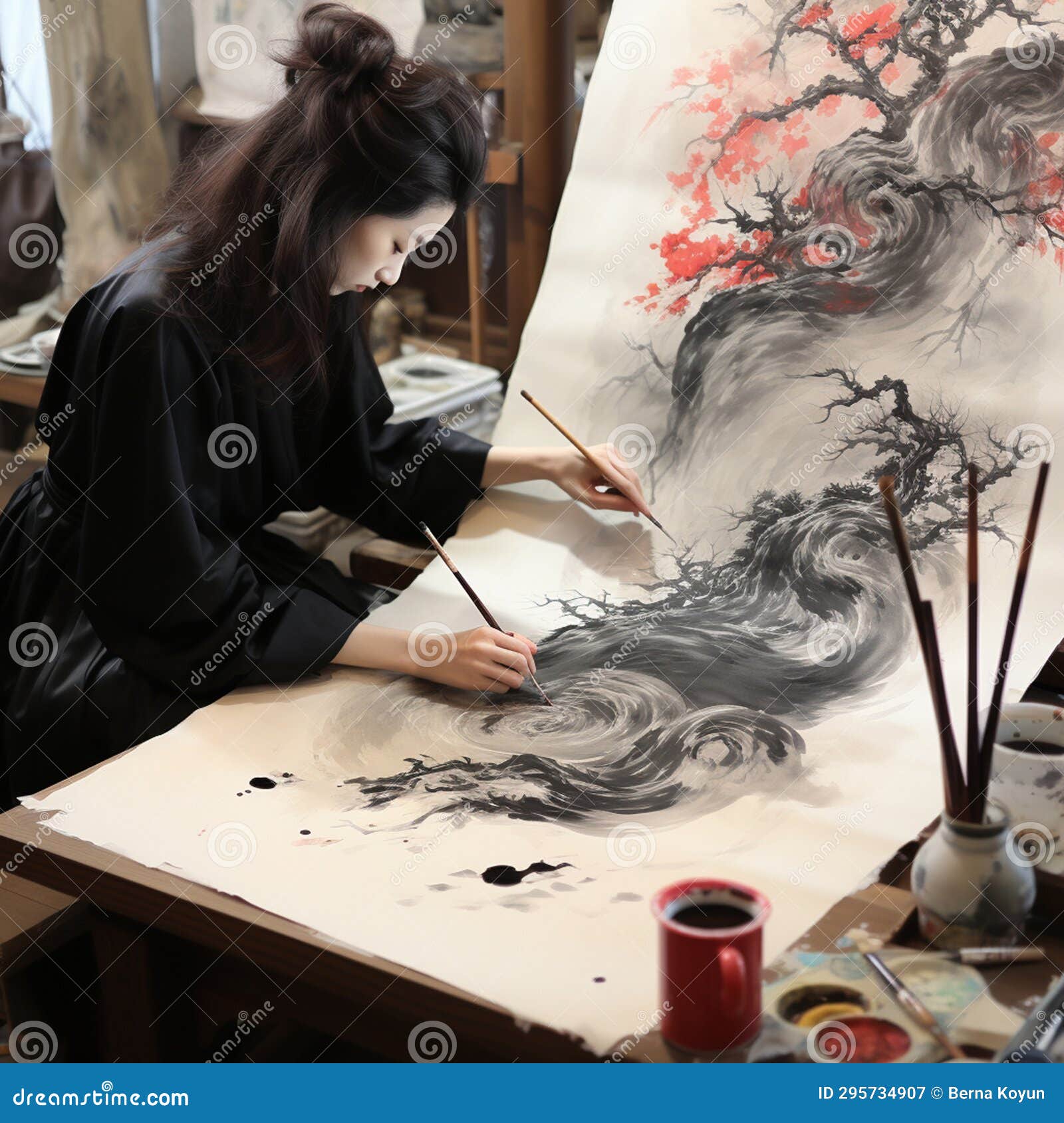 Essence of Tradition Hand-Drawn Sumi-e Magic Stock Illustration ...