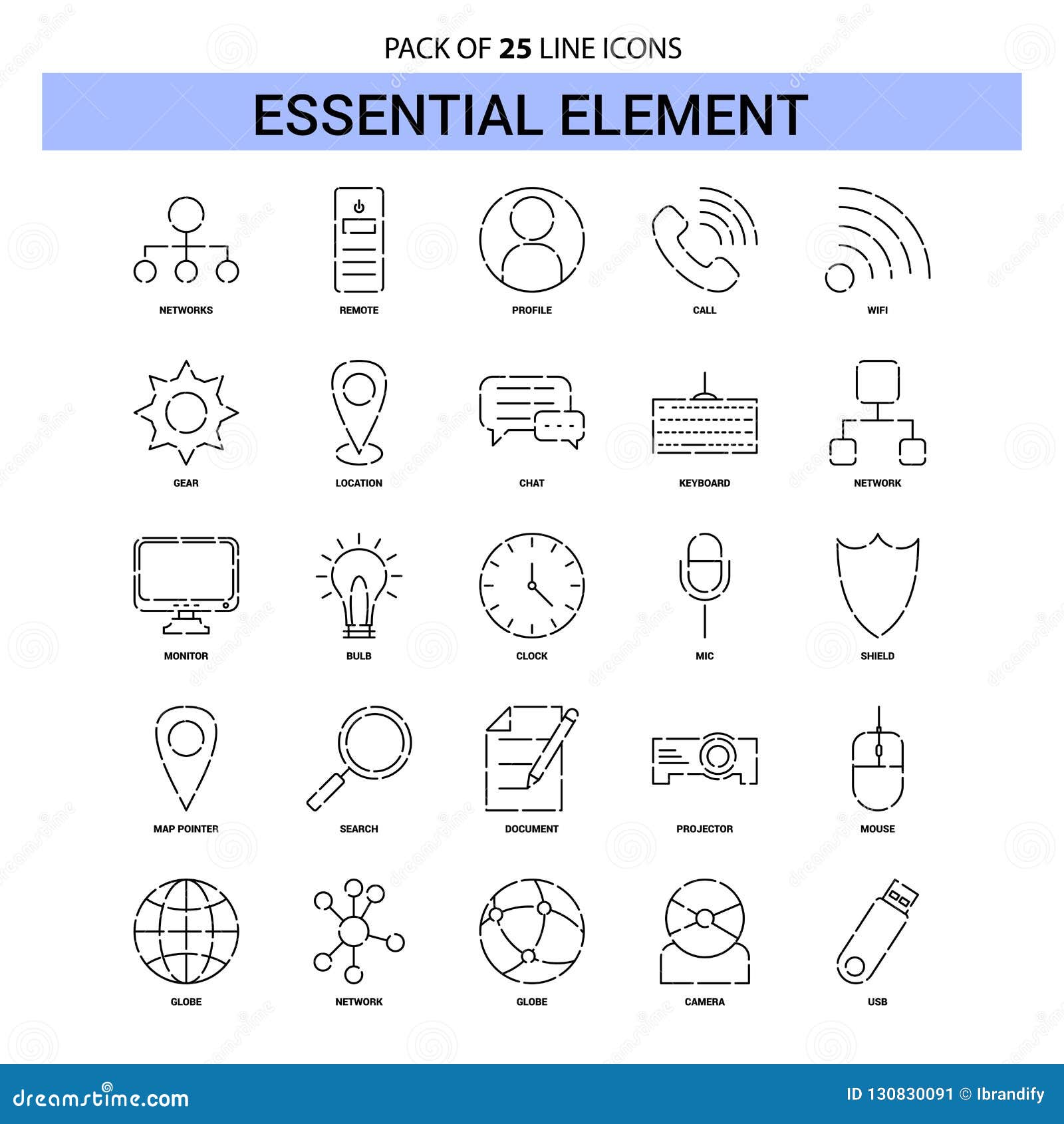 Essential Element Line Icon Set - 25 Dashed Outline Style Stock Vector ...