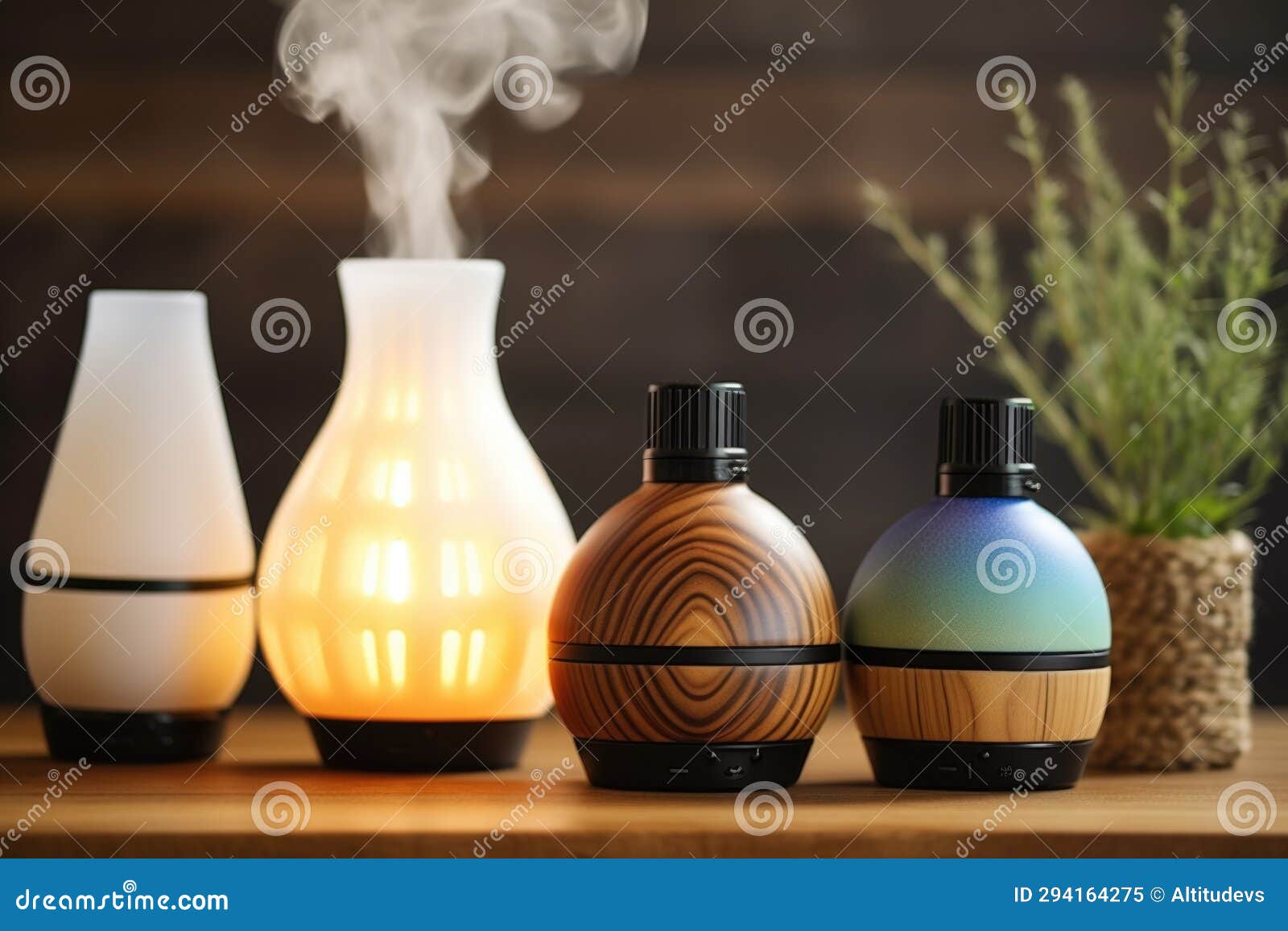 Essential Oil Diffusers on a Wooden Shelf Stock Illustration ...