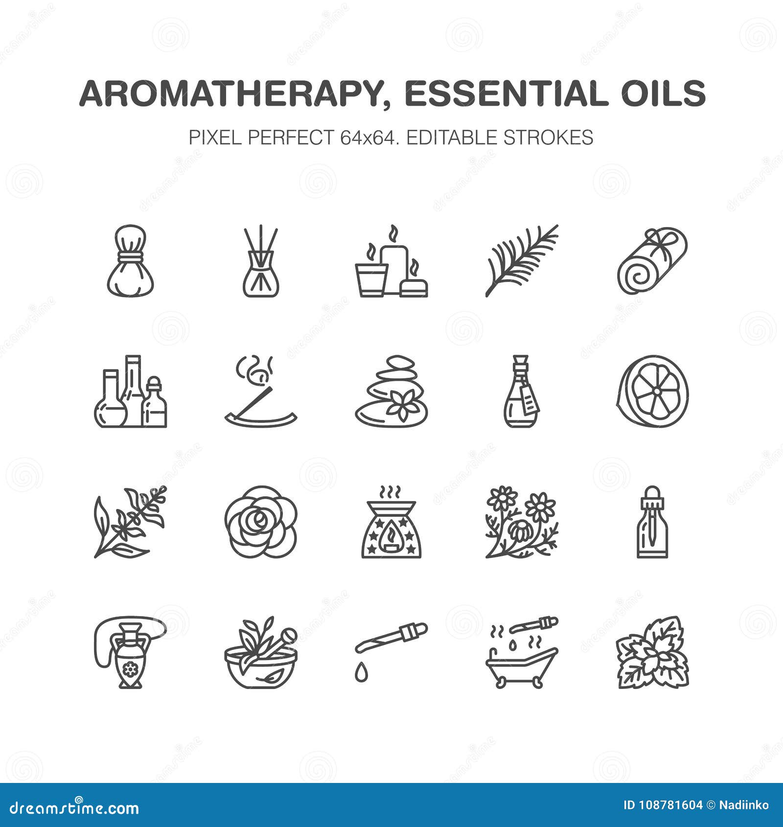 Essential Oils Aromatherapy Vector Flat Line Icons Set. Elements ...