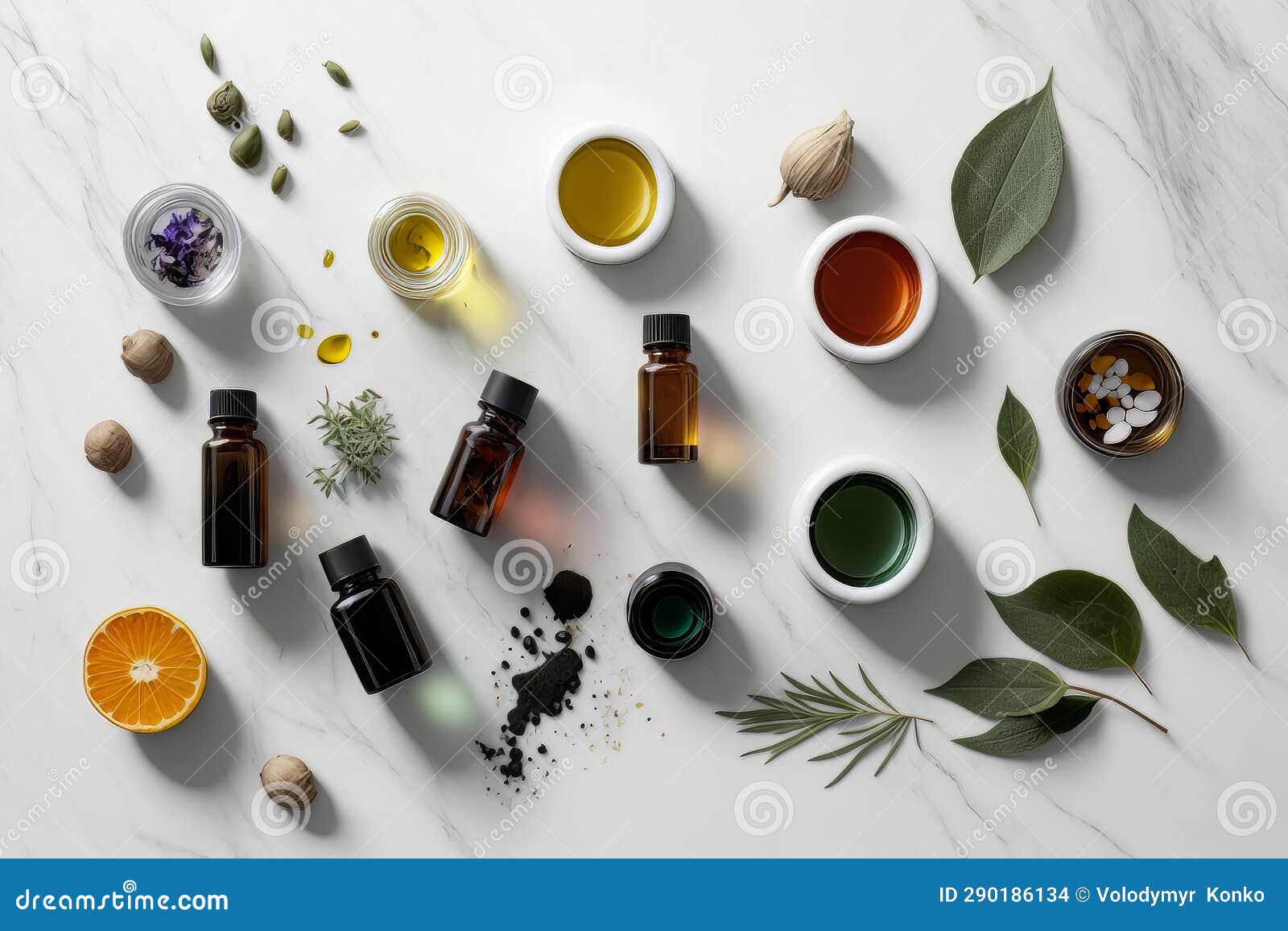 Essential Oils Flat Layout Over White Background. Herbal Eco Friendly ...