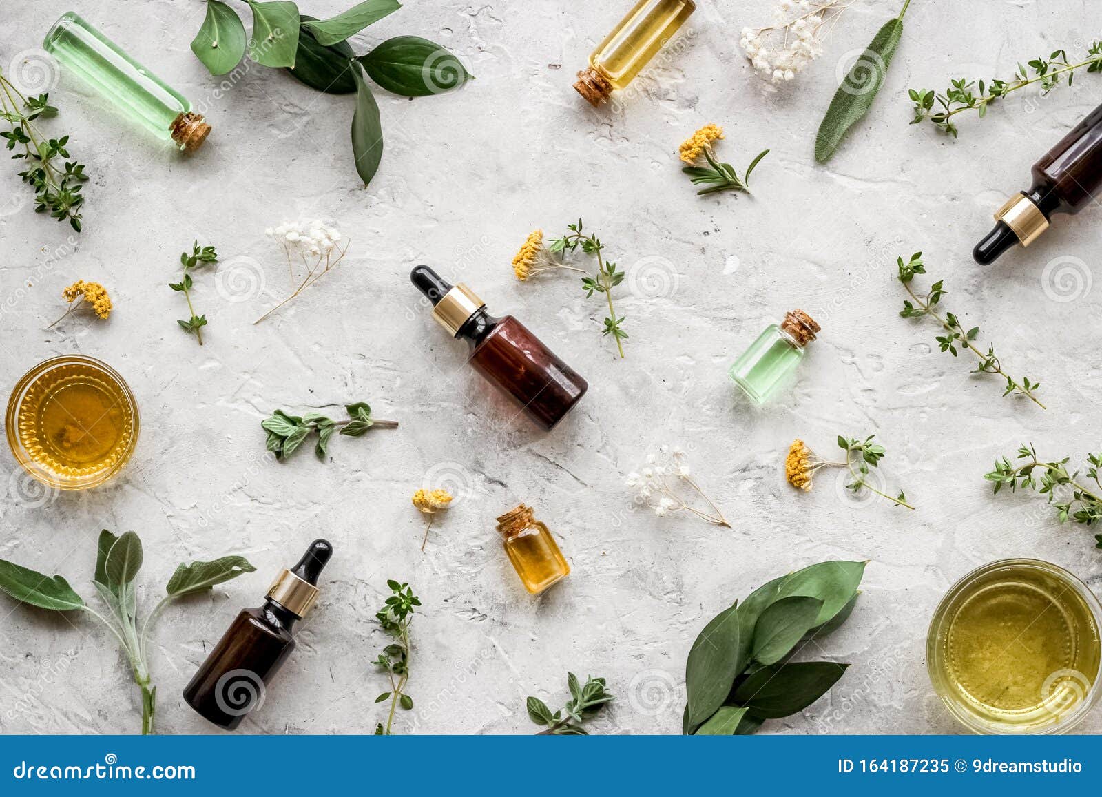 Essential Oils and Fresh Herbs on Grey Background Top View Pattern ...