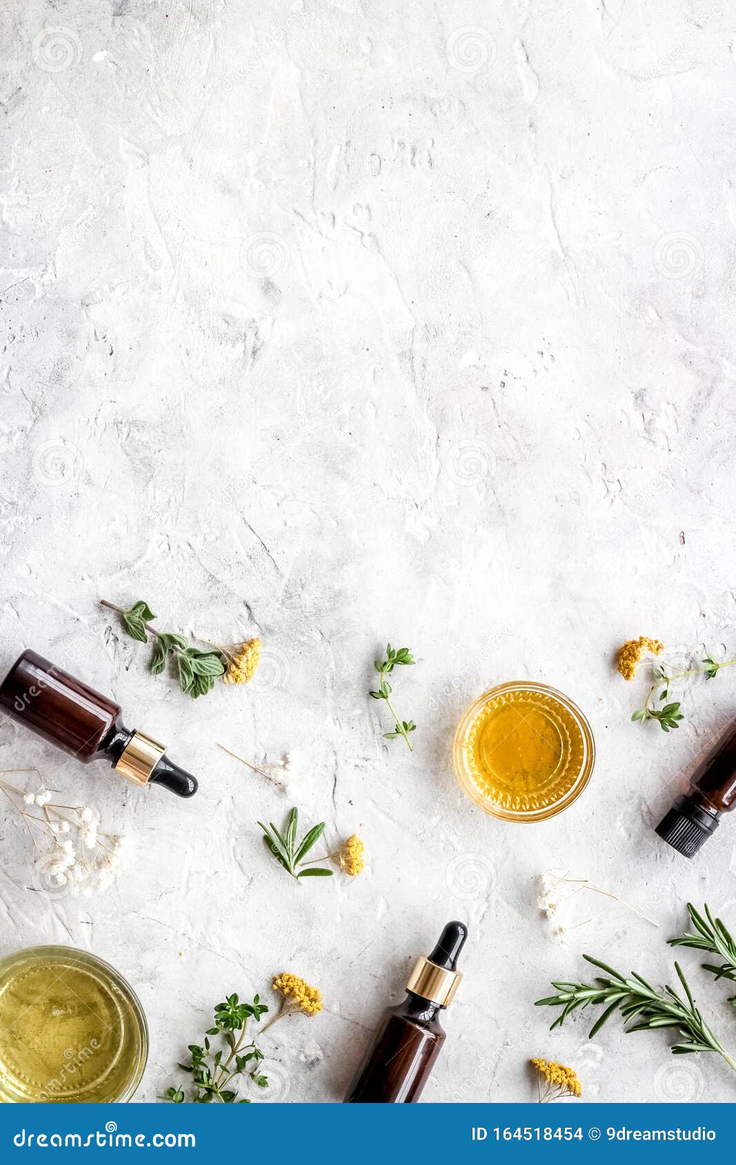 Essential Oils and Fresh Herbs on Light Grey Background Top View ...