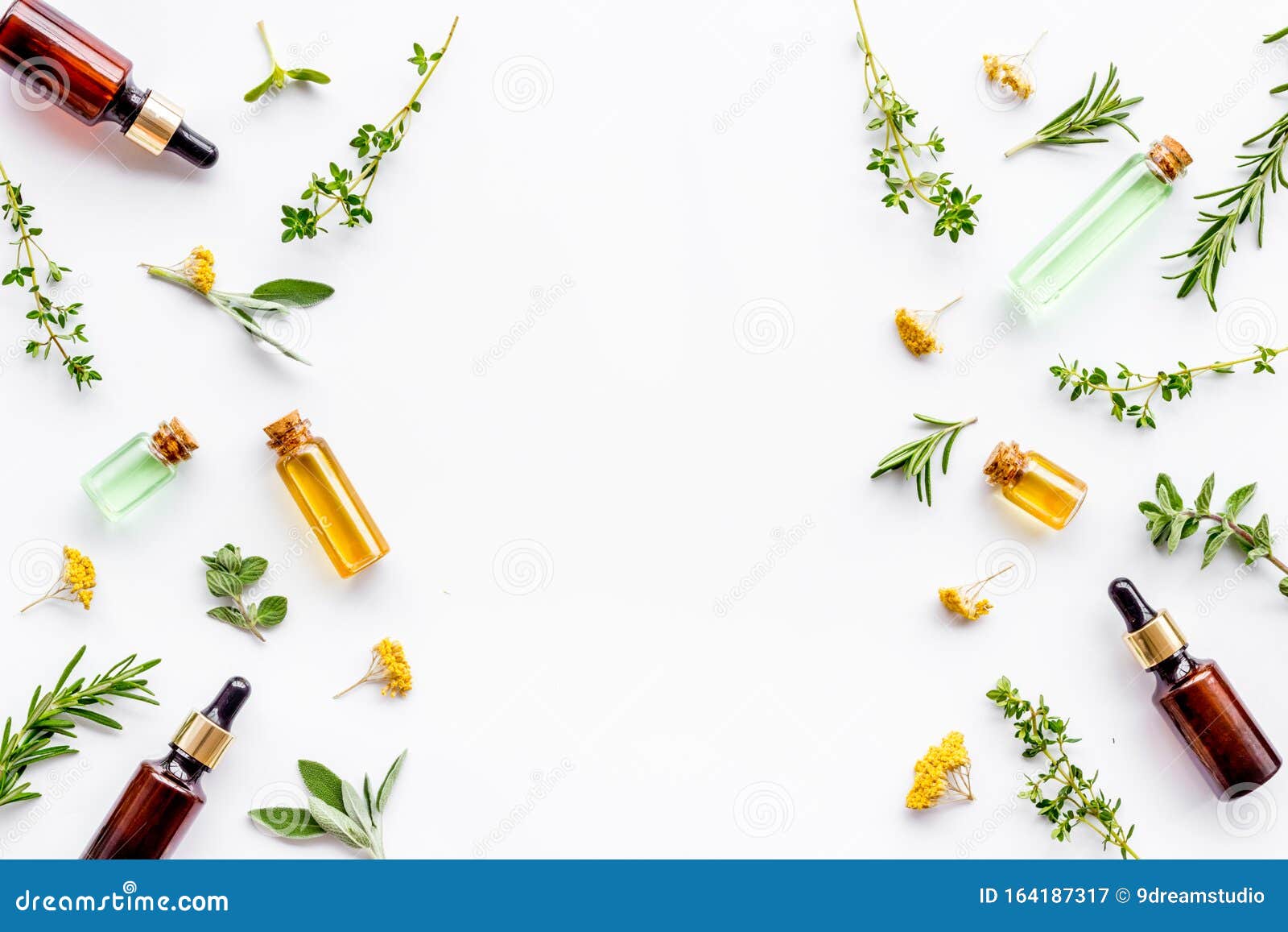 Essential Oils and Fresh Herbs on White Background Top View Pattern ...