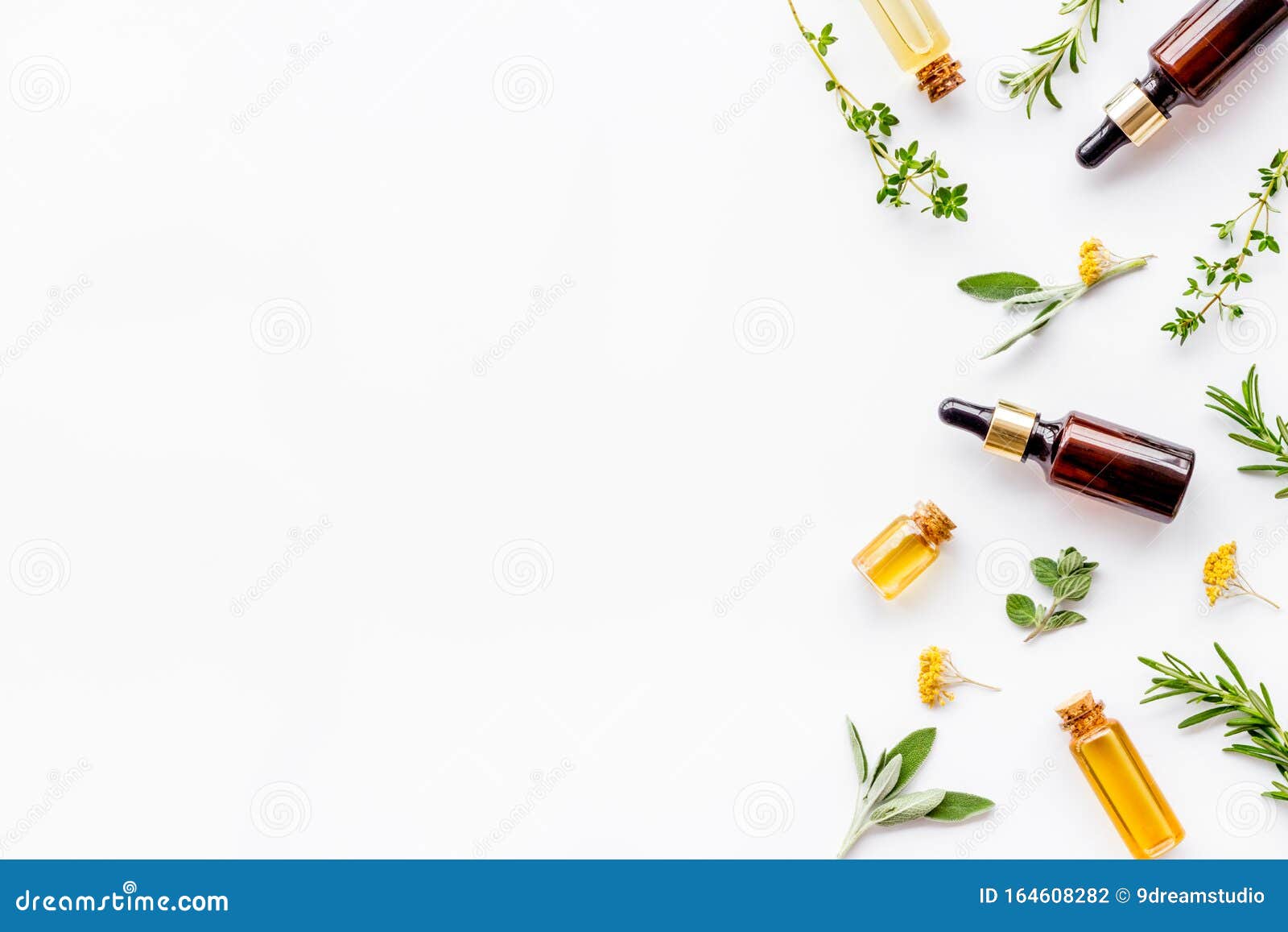 Essential Oils and Fresh Herbs on White Background Top View Pattern ...