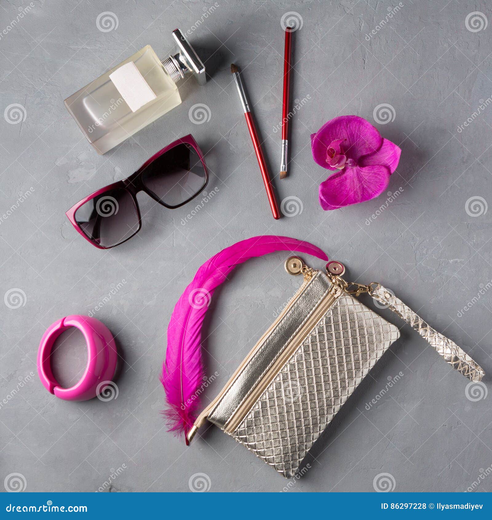 Essentials Fashion Woman Objects on Concrete Background Stock Photo ...