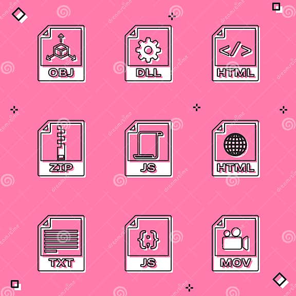 Establecer Archivo Obj Document Dll Html Zip Js E Icono. Vector Ilustración del Vector ...