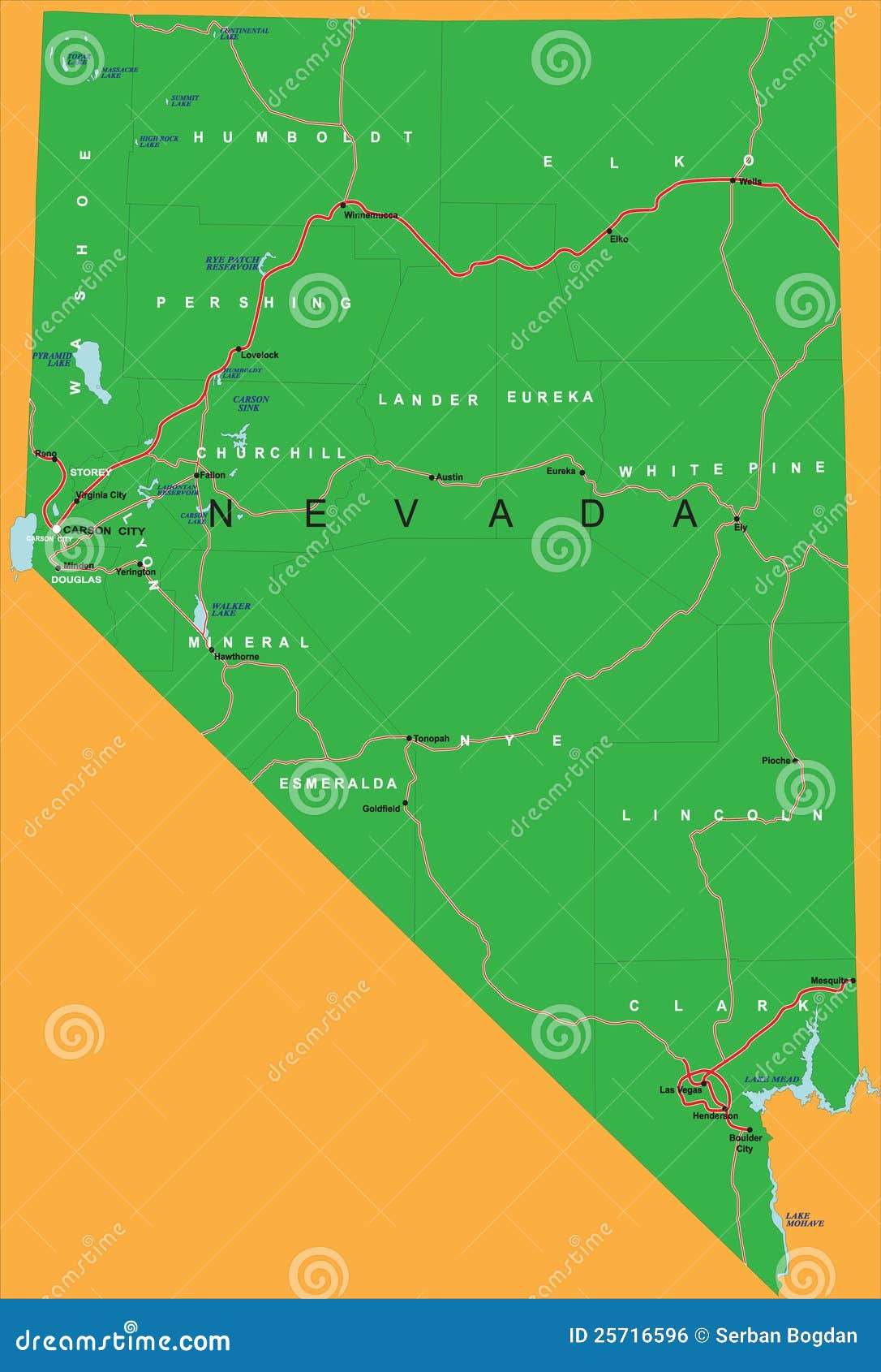Estado De Mapa Político De Nevada Ilustração do Vetor - Ilustração de ...