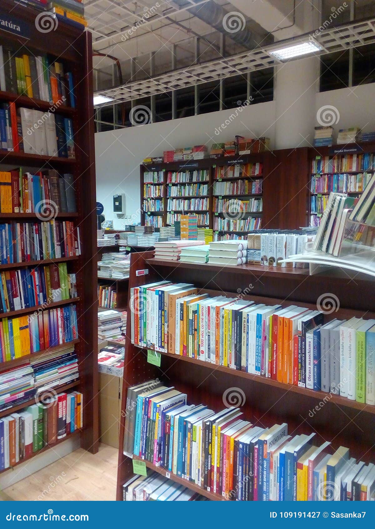 Estantes de libros fotografía editorial. Imagen de impresiones - 109191427