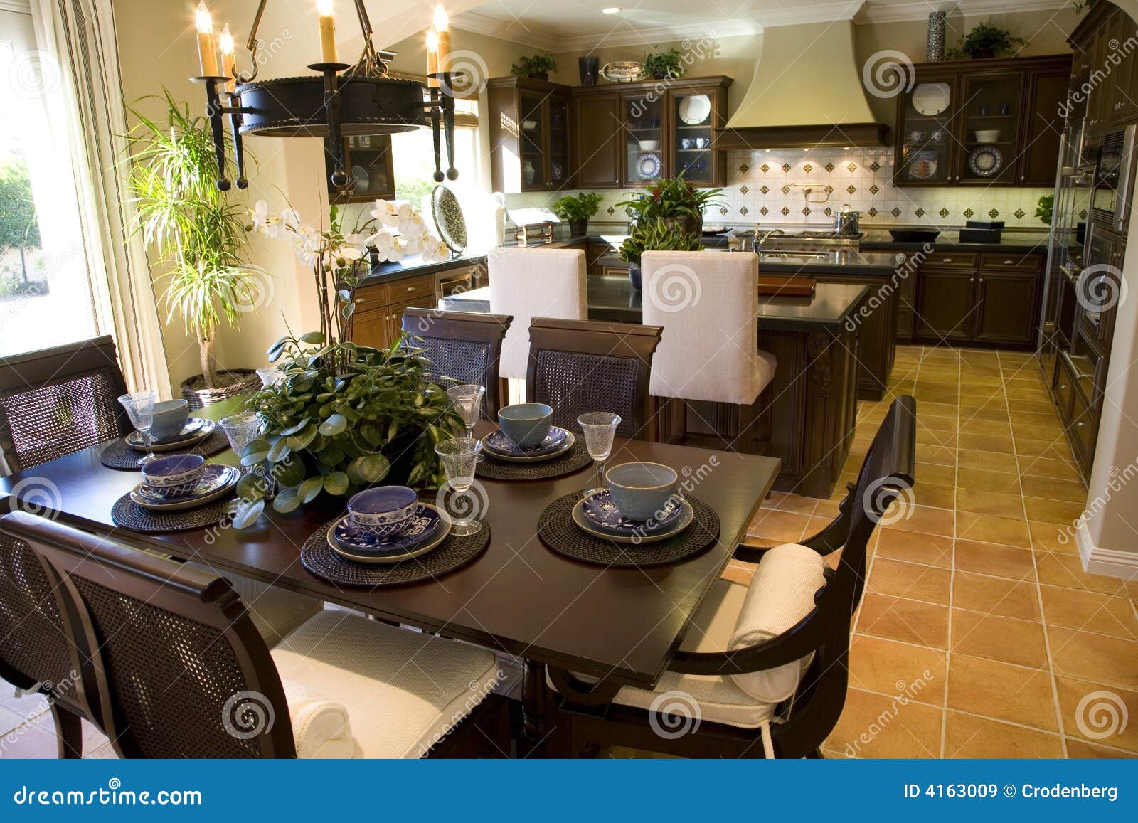 Estate Dining Table and Kitchen. Stock Image - Image of lamp, district ...