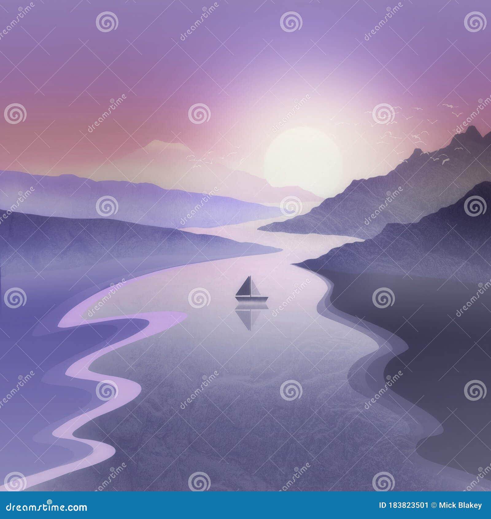 Estuary Sunset Illustration with Sailing Boat Stock Illustration ...