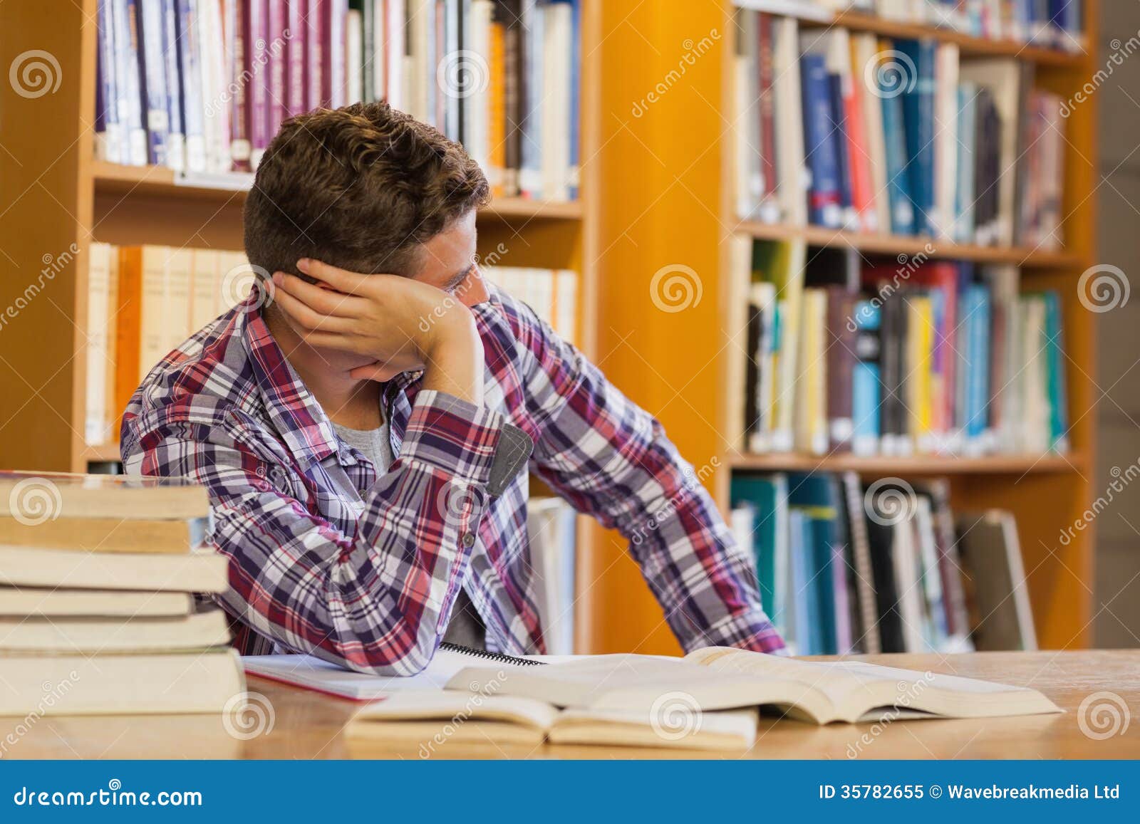 Estudiante Distraído Hermoso Que Estudia Sus Libros Imagen de archivo ...