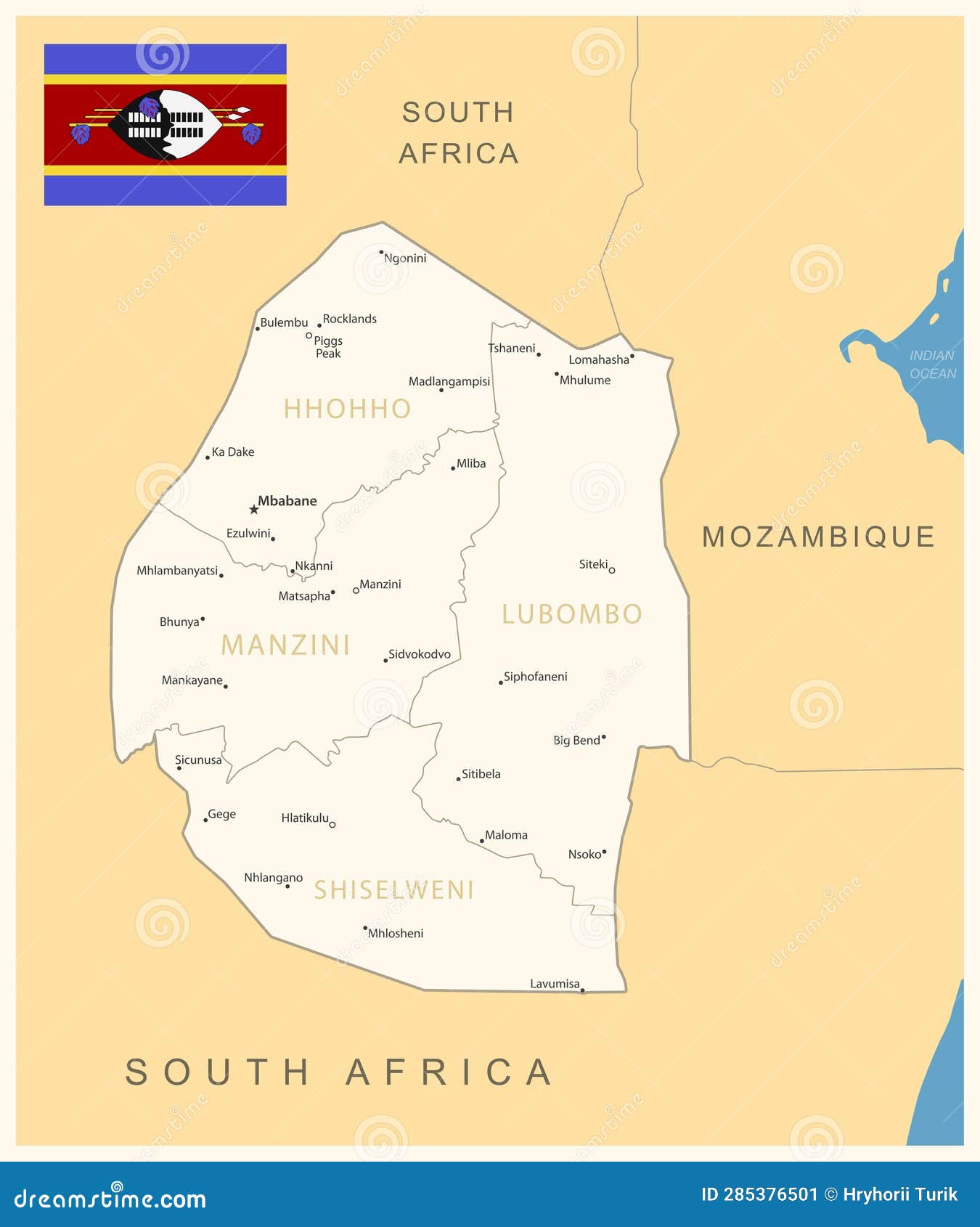 Eswatini - Detailed Map with Administrative Divisions and Country Flag ...