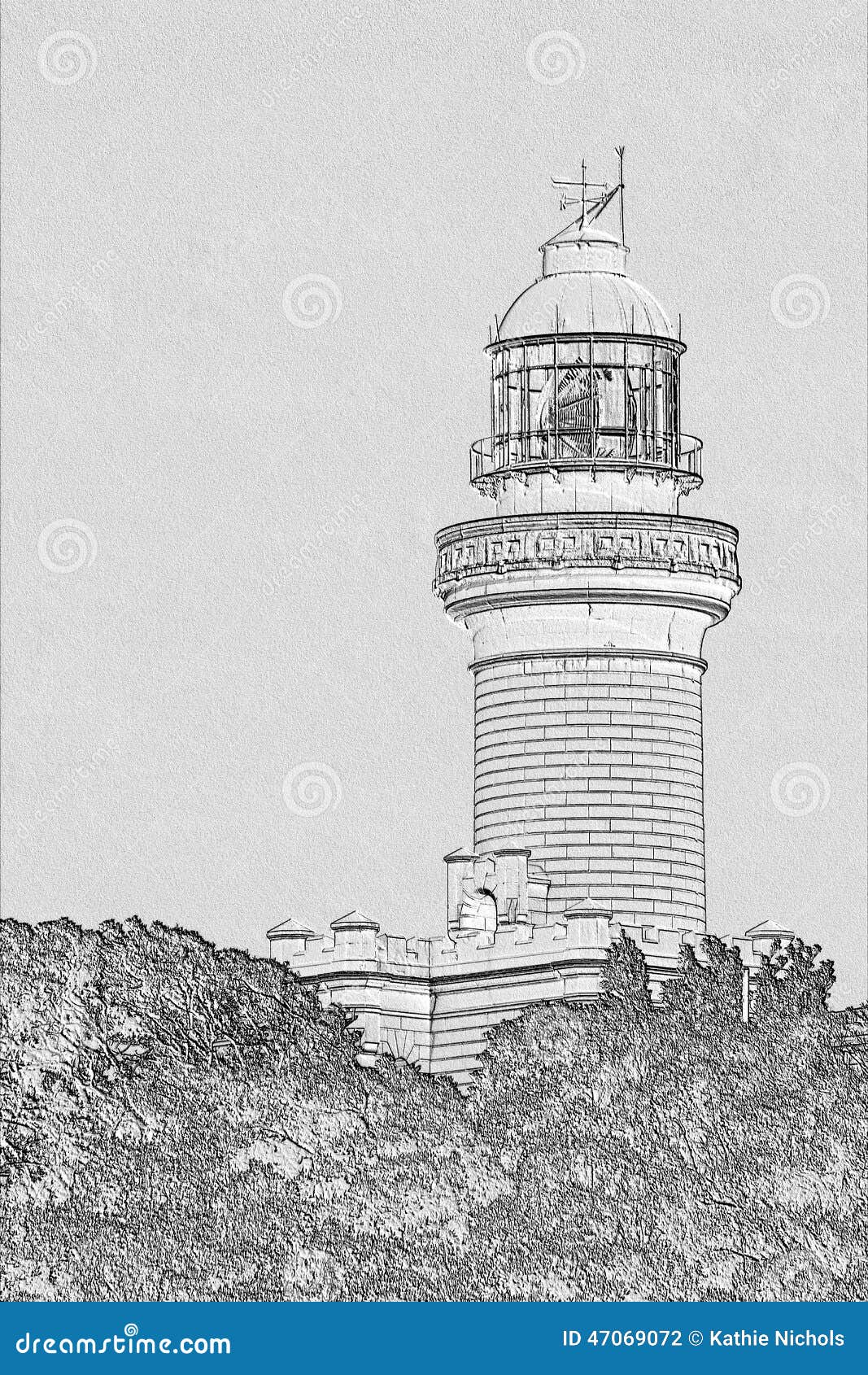 Etching of Byron Bay Lighthouse Stock Photo - Image of clouds ...